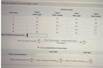 Calculate rate of volume change and photosynthesis Complete the ...