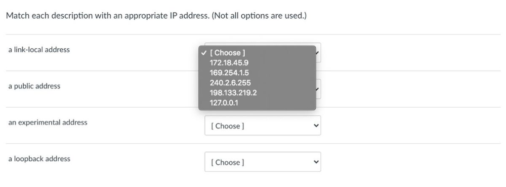 Match each description with an appropriate IP address - Learnexams
