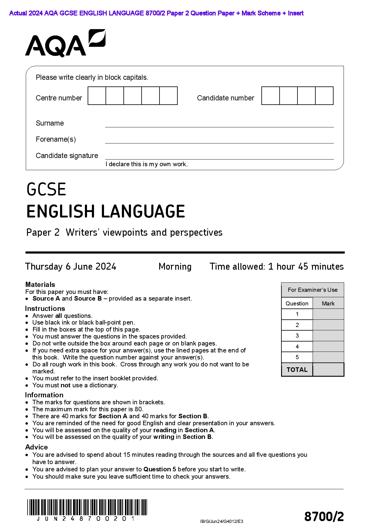 2023 AQA GCSE BIOLOGY 8461 2H Paper 2 Higher Tier Question Paper Mark 2023 AQA GCSE BIOLOGY 8461 2H Paper 2 Higher Tier Question Paper Mark