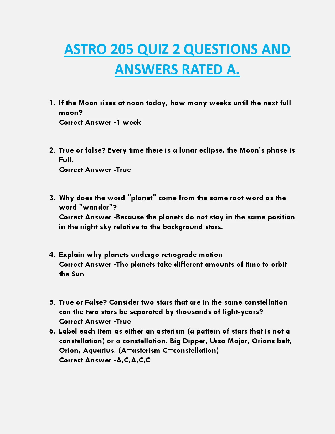 ASTRO 205 QUIZ 2 QUESTIONS AND ANSWERS RATED A.