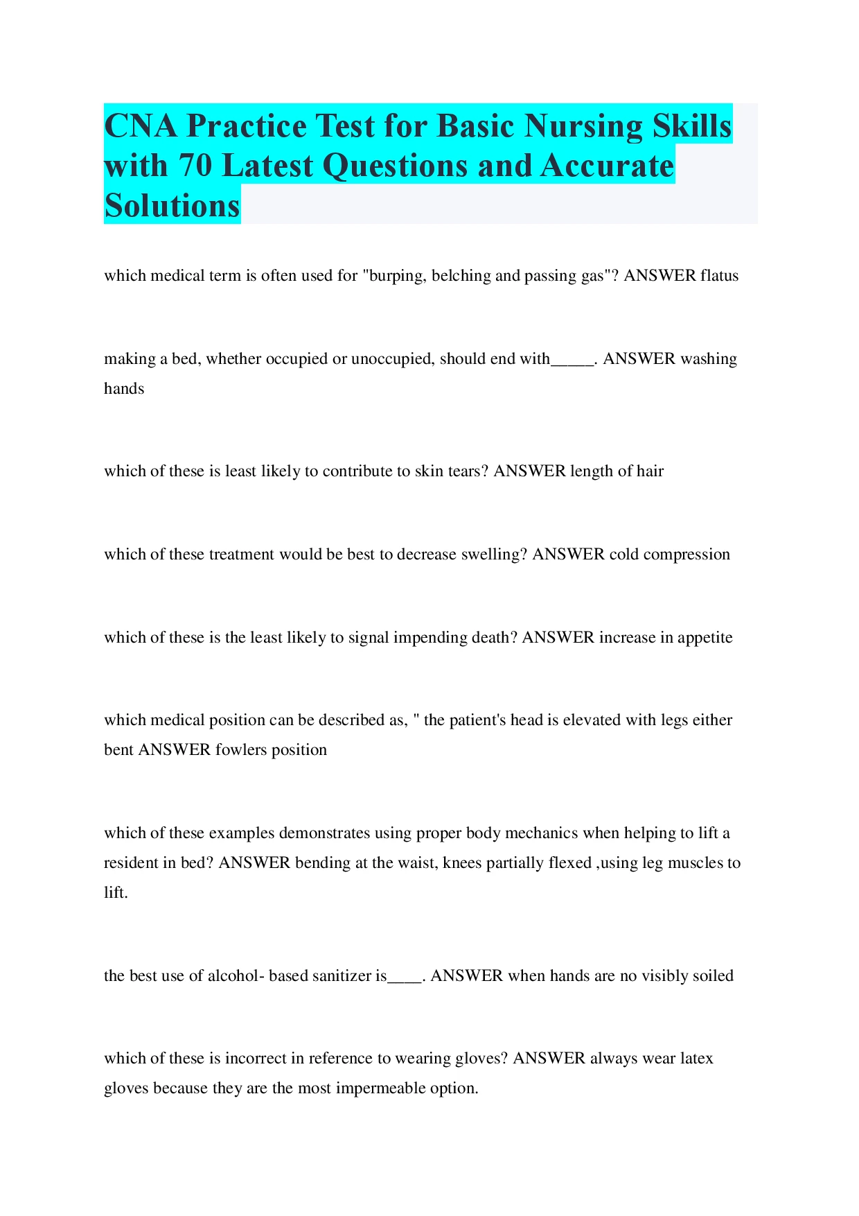 CNA Practice Test for Basic Nursing Skills with 70 Latest Questions and ...