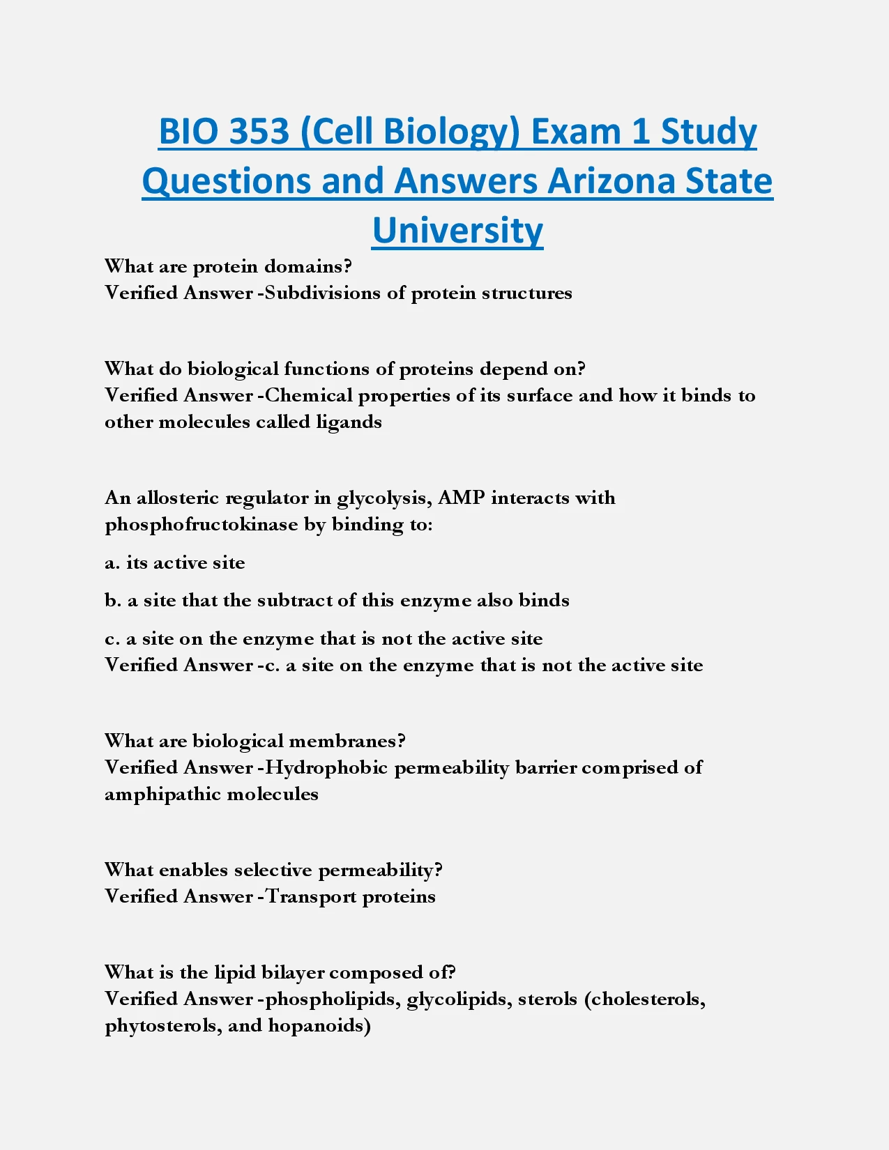 BIO 353 (Cell Biology) Exam 1 Study Questions and Answers Arizona State ...
