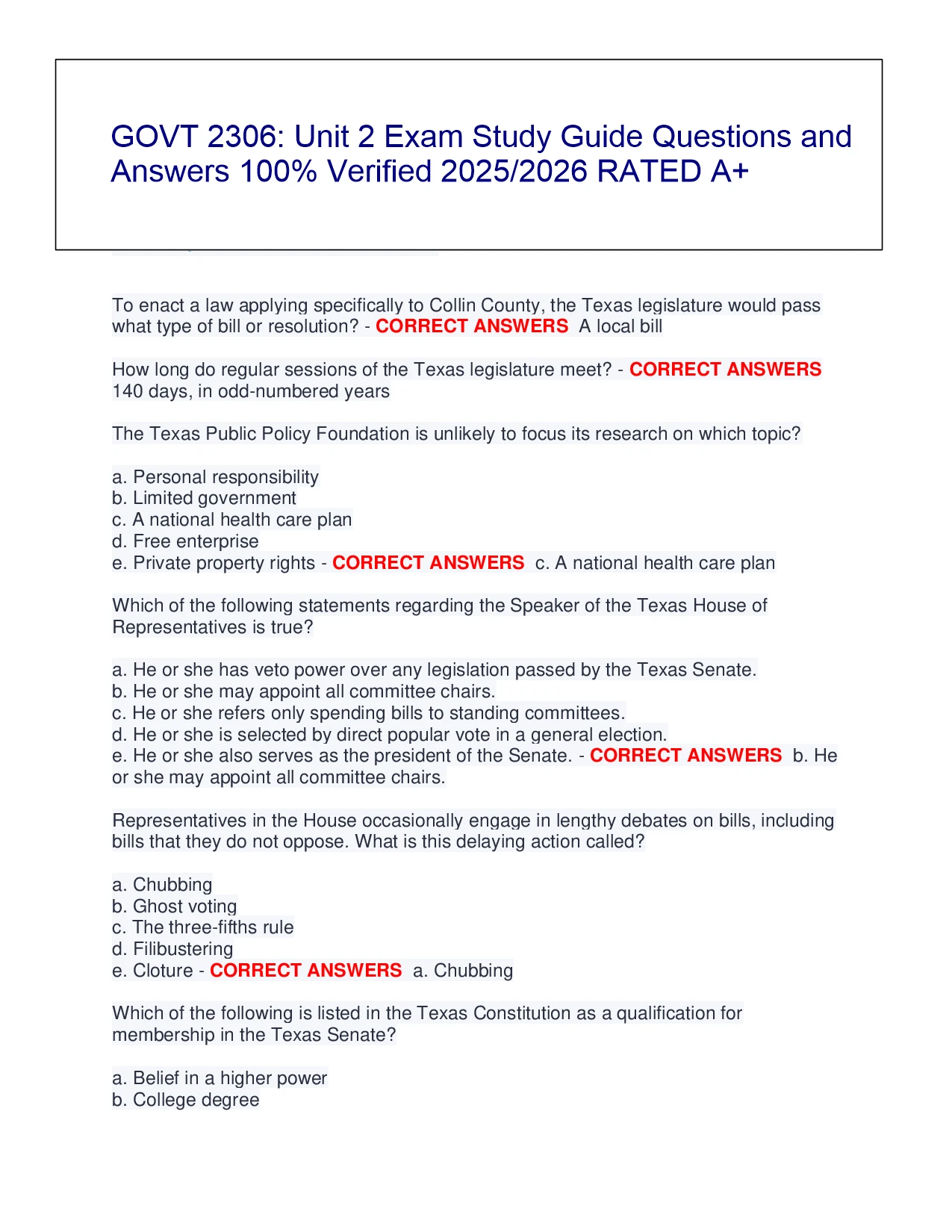 GOVT 2306: Unit 2 Exam Study Guide Questions and Answers 100% Verified ...