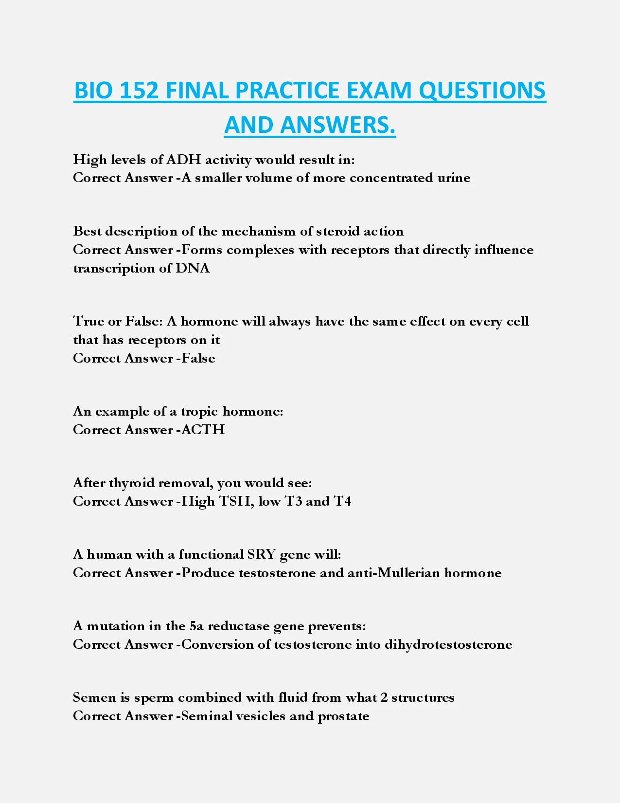 Bio 152 Final Practice Exam Questions And Answers