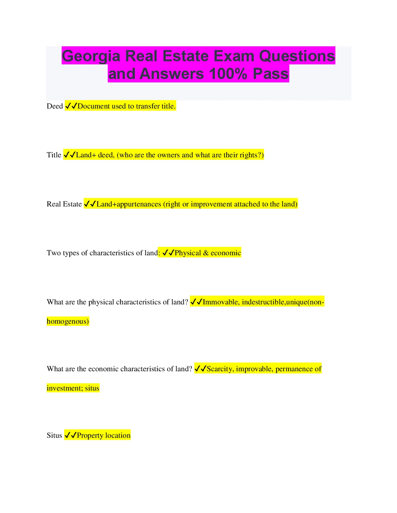 Georgia Real Estate Exam Questions and Answers 100% Pass