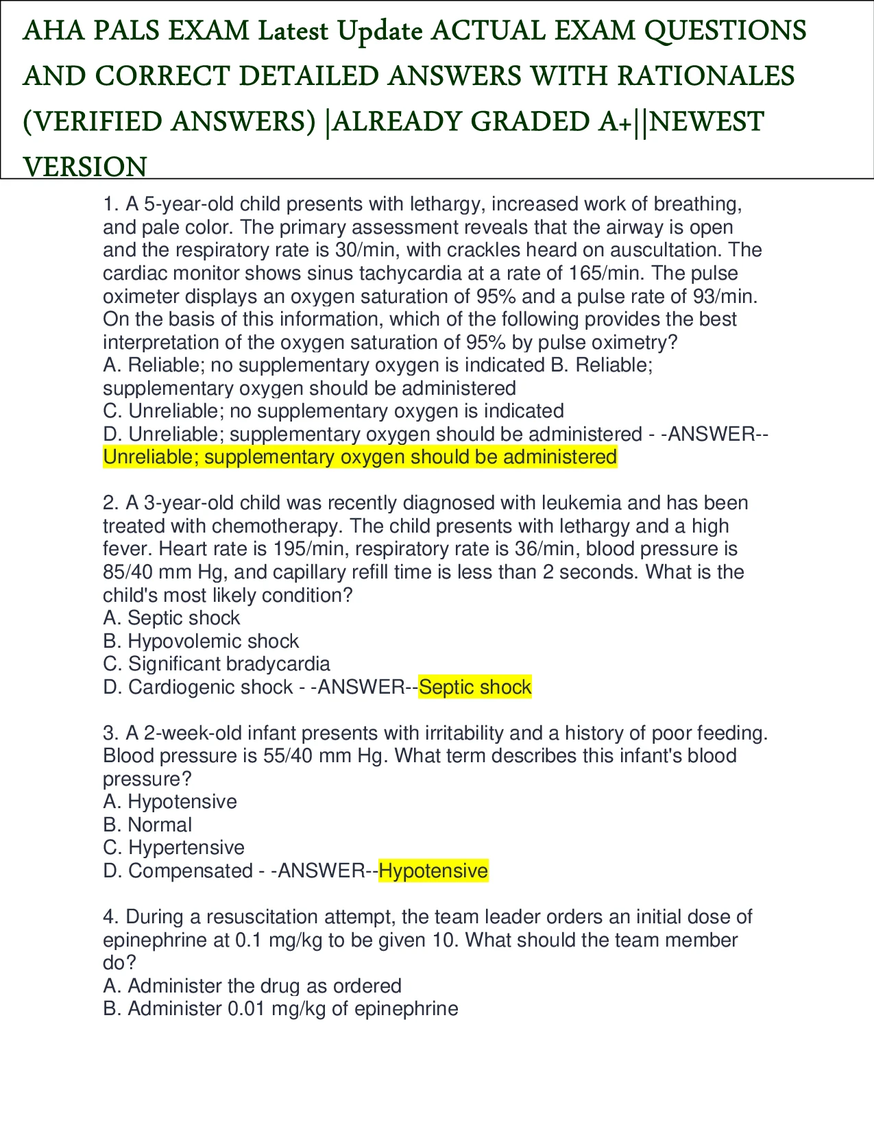 AHA PALS EXAM Latest Update ACTUAL EXAM QUESTIONS AND CORRECT DETAILED ...
