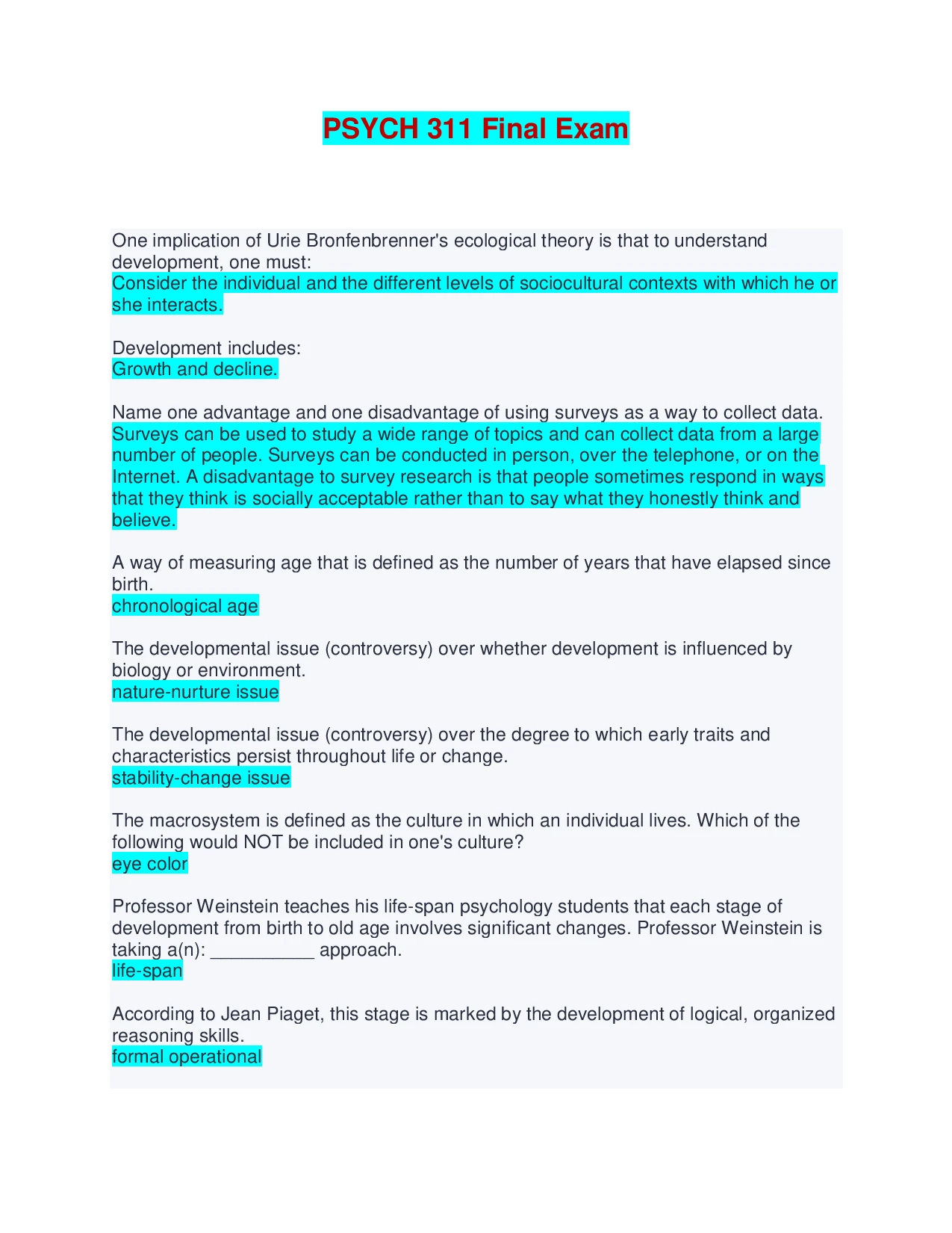 PSYCH 311 Final Exam Latest Update