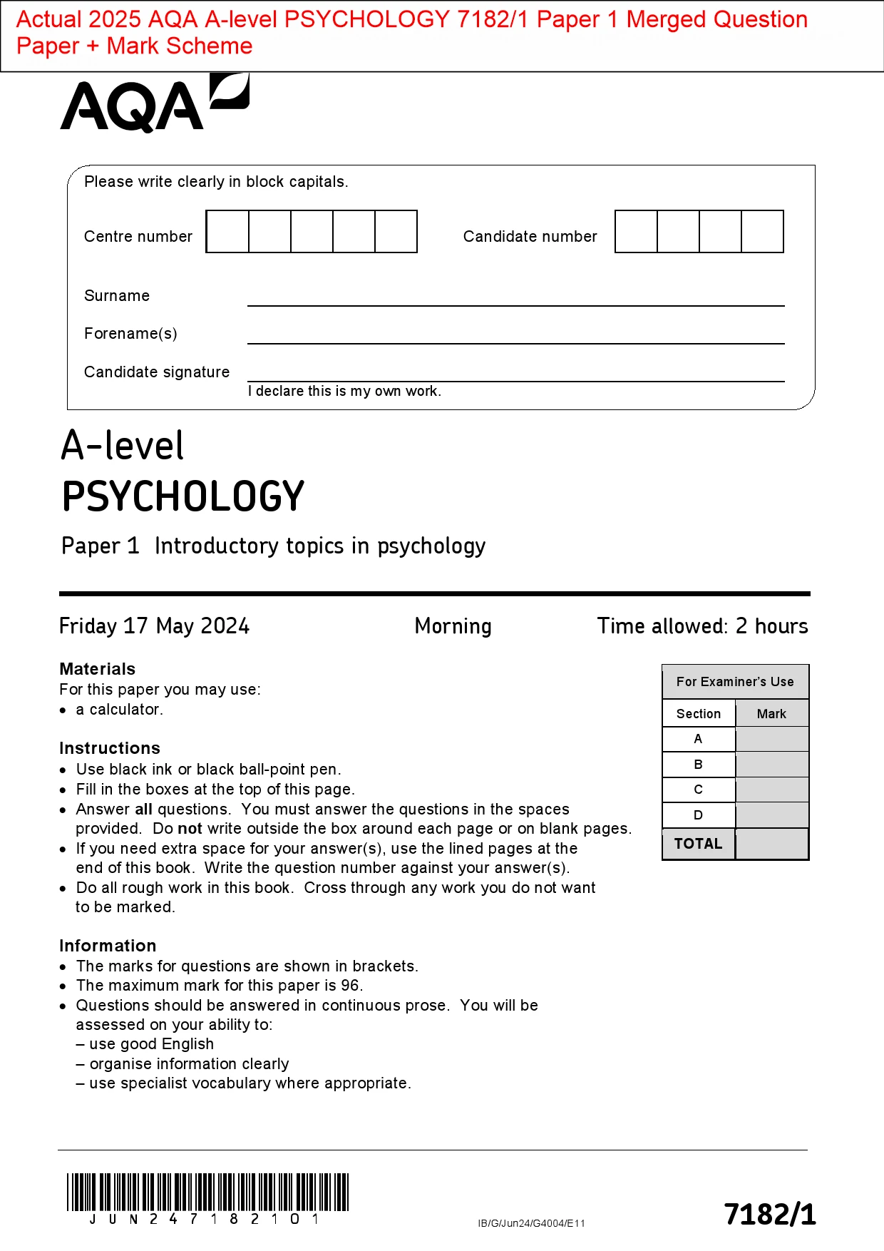 Aqa A Level Computer Science 7517 1 Paper 1 Question Paper Mark