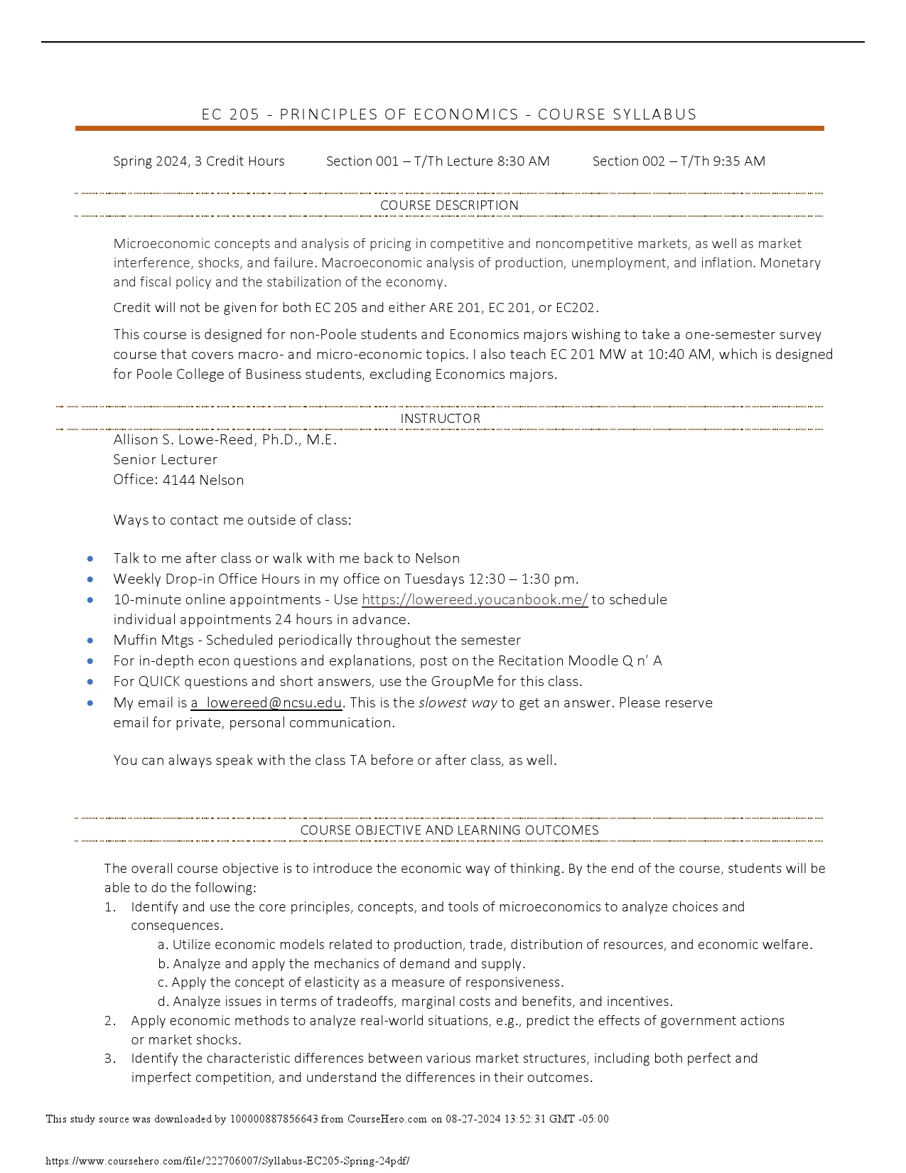 EC 205 - PRINCIPLES OF ECONOMICS - COURSE SYLLABUS