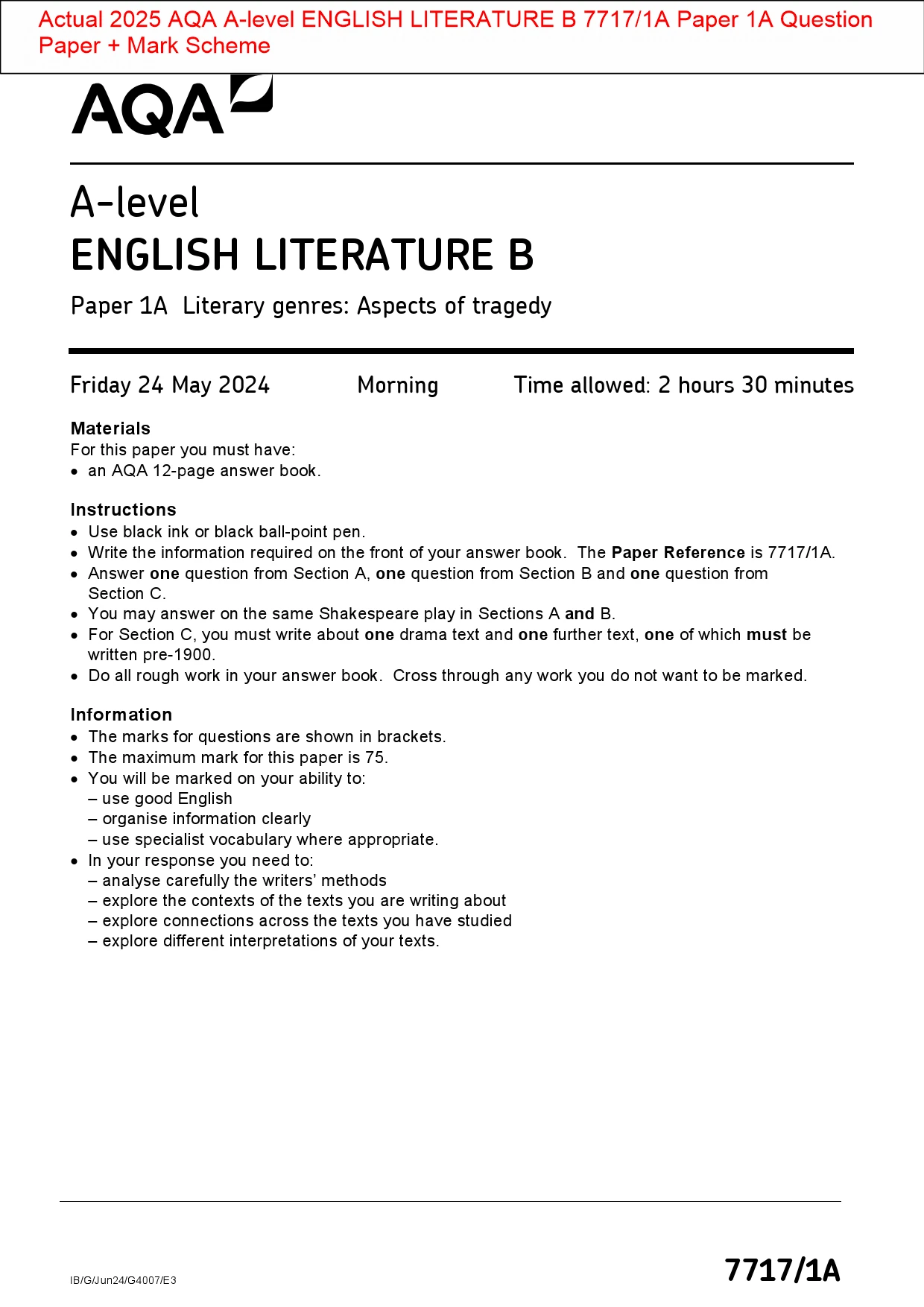 Actual 2025 AQA A-level ENGLISH LITERATURE B 7717/1A Paper 1A Question ...