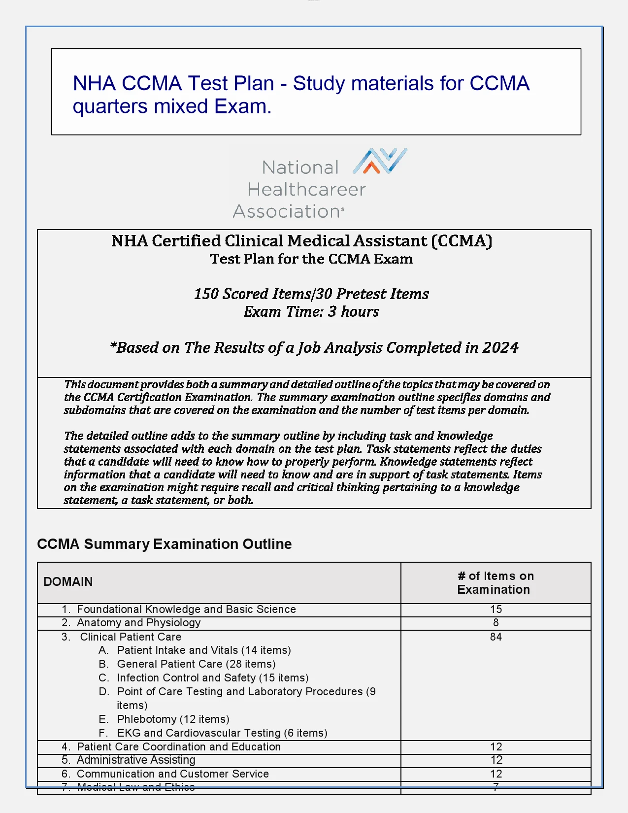 NHA CCMA Test Plan - Study materials for CCMA quarters mixed Exam.