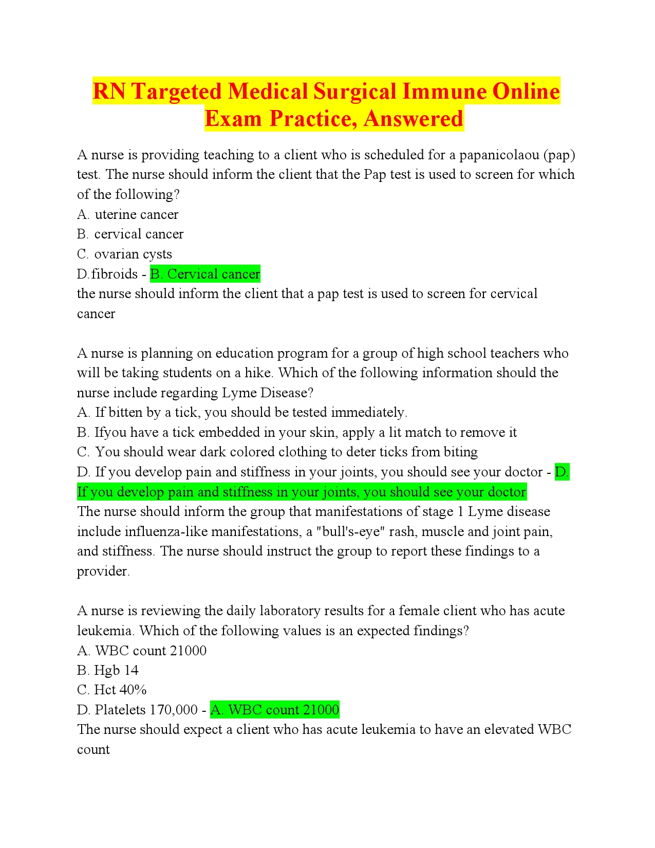 RN Targeted Medical Surgical Immune Online Exam Practice, Answered