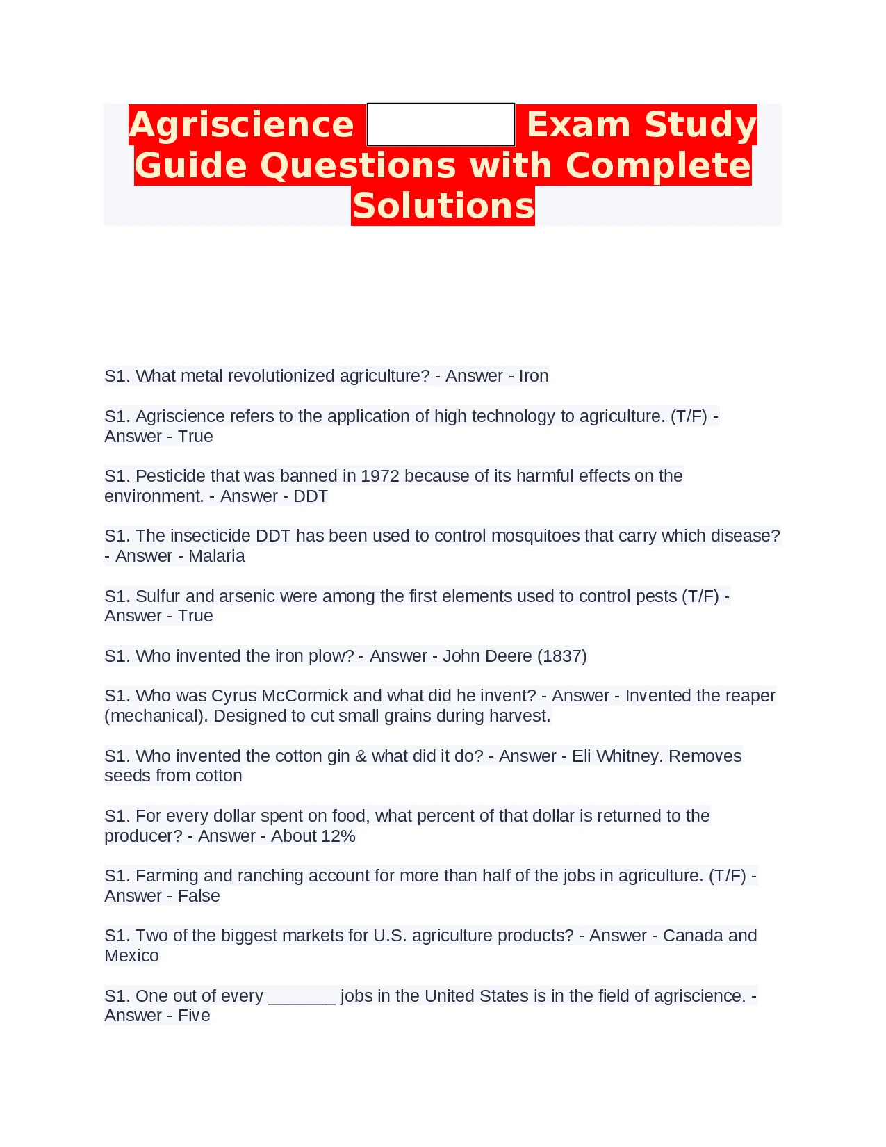 Agriscience Exam Study Guide Questions with Complete Solutions