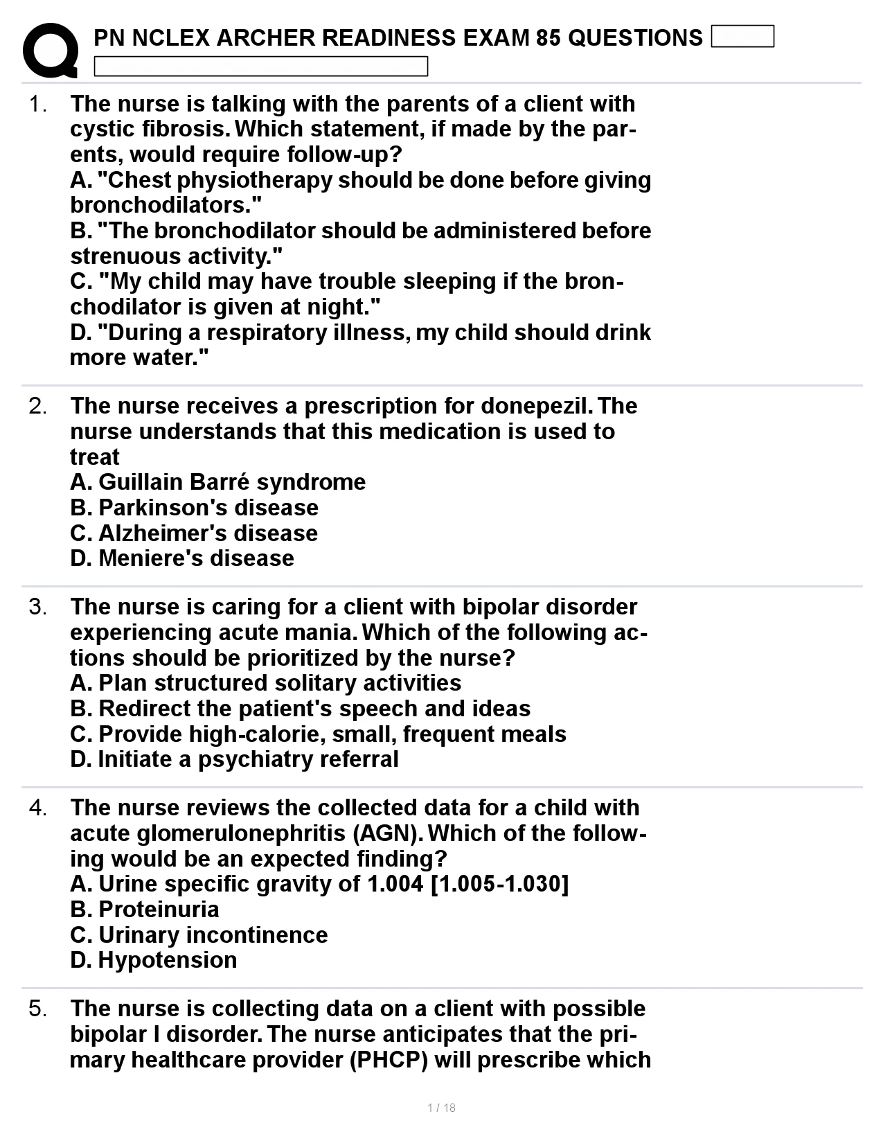 PN NCLEX ARCHER READINESS EXAM 85 QUESTIONS