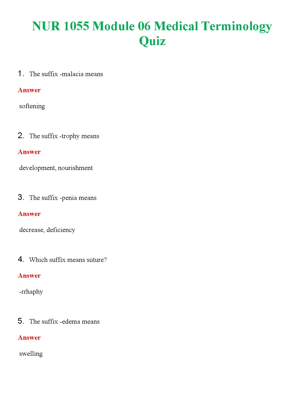 NUR 1055 Module 06 Medical Terminology Quiz