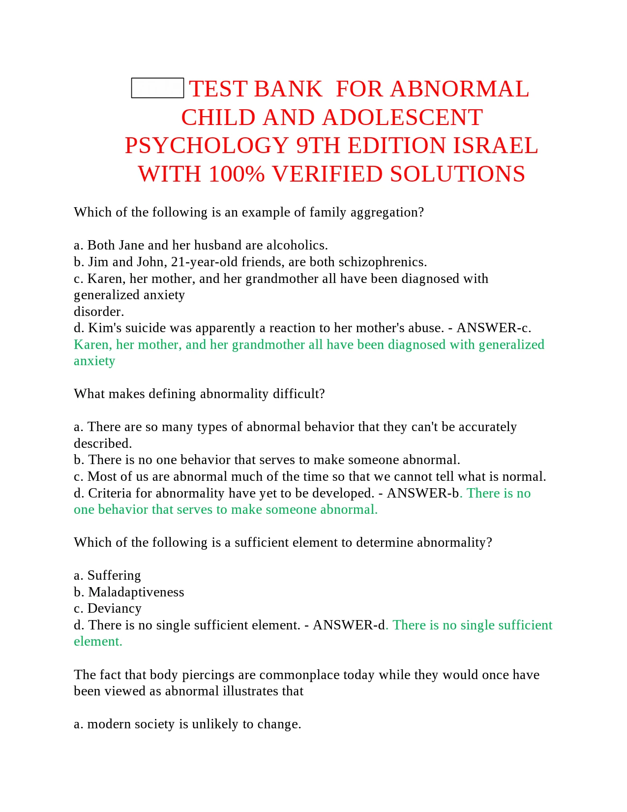TEST BANK FOR ABNORMAL CHILD AND ADOLESCENT PSYCHOLOGY 9TH EDITION ...
