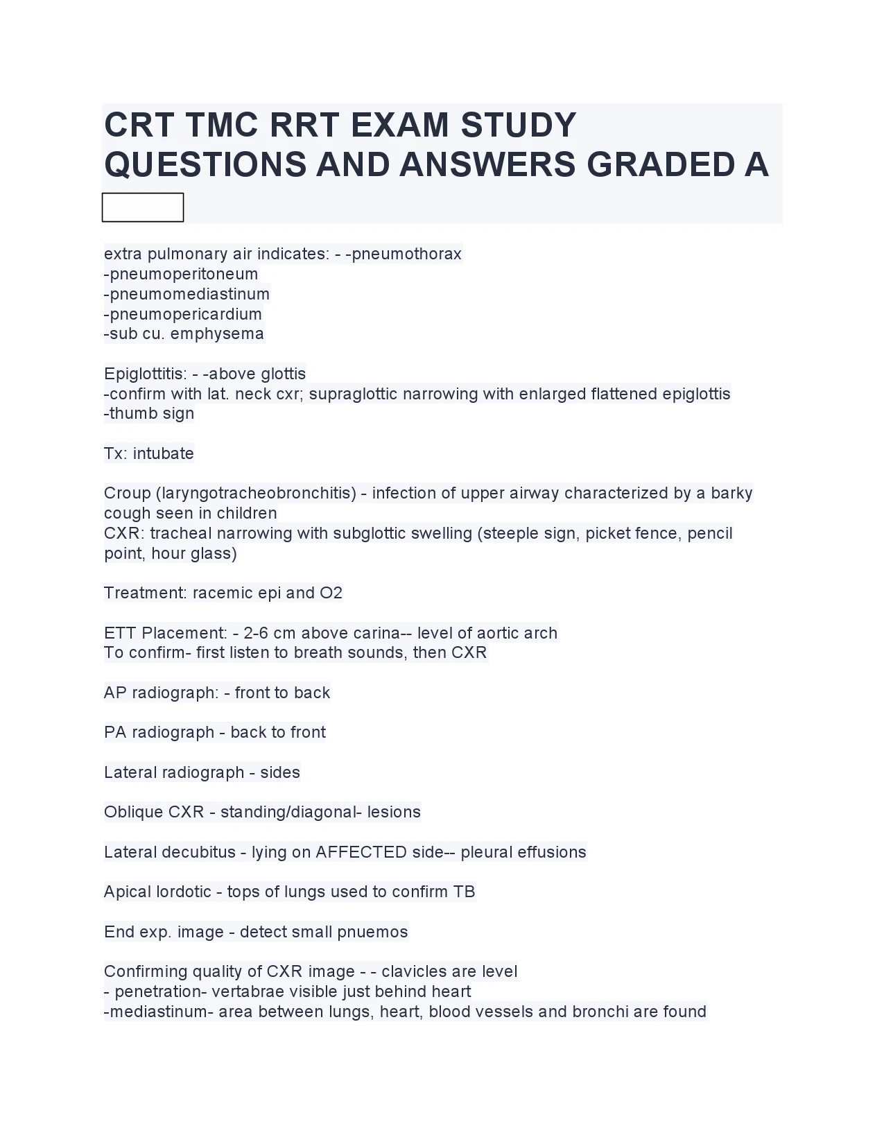 CRT TMC RRT EXAM STUDY QUESTIONS AND ANSWERS GRADED A