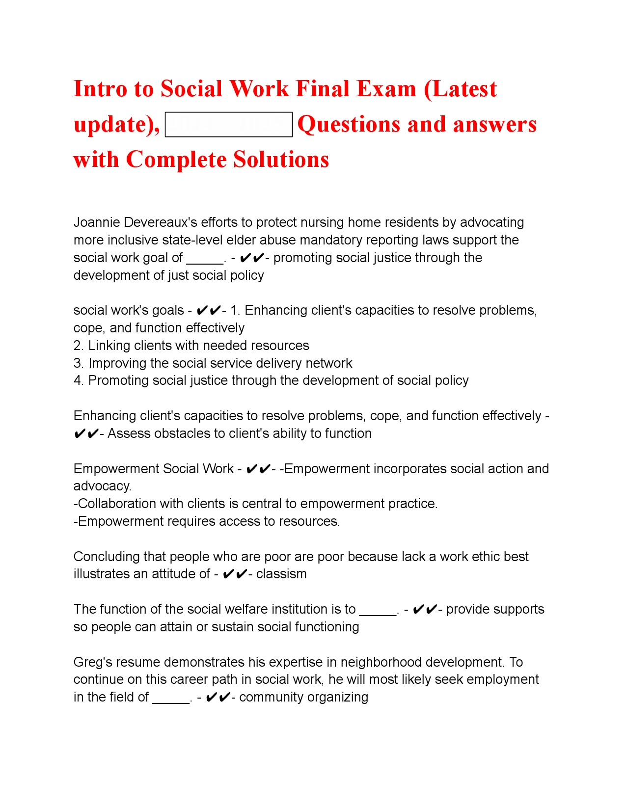 Intro to Social Work Final Exam (Latest update), Questions and answers ...