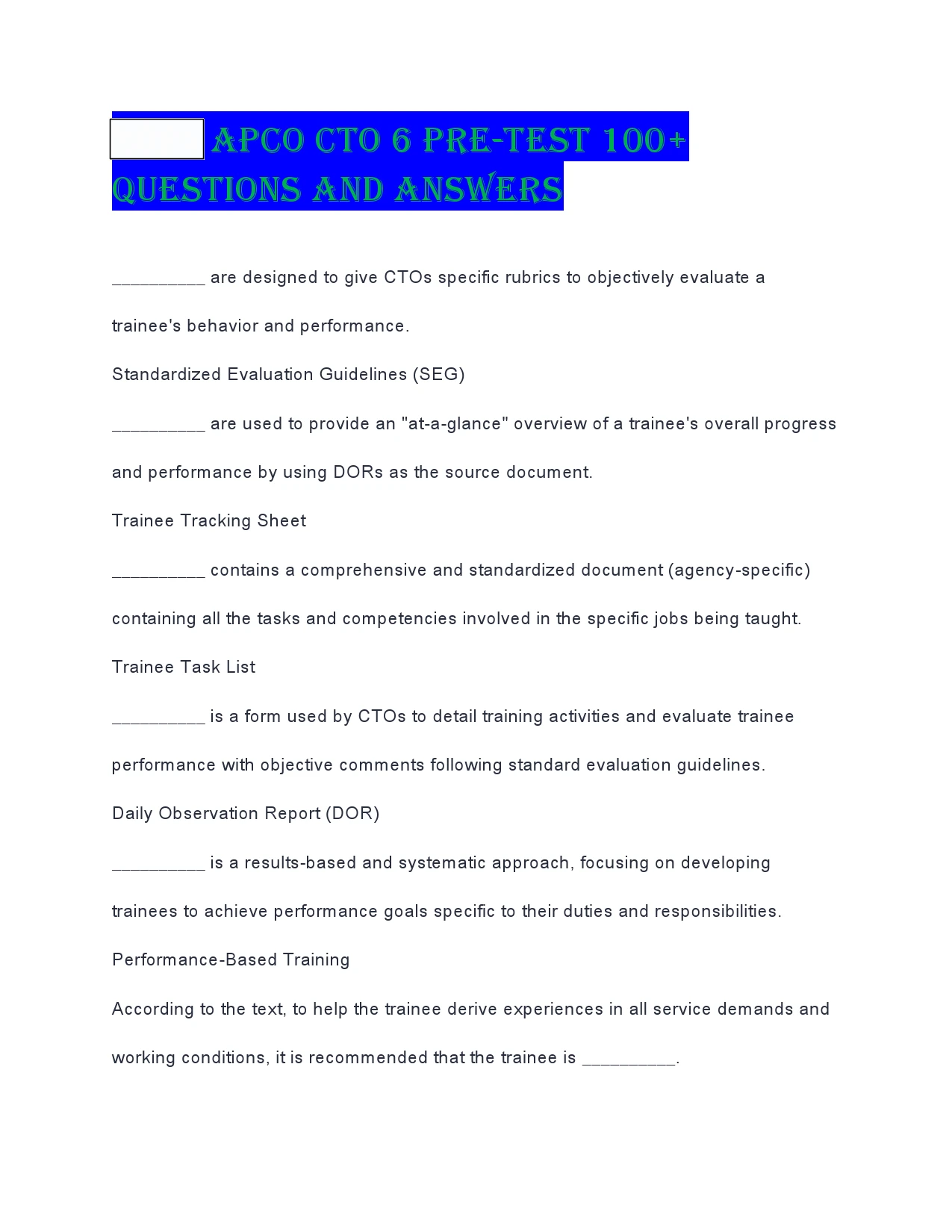 APCO CTO 6 PRE-TEST 100+ QUESTIONS AND ANSWERS