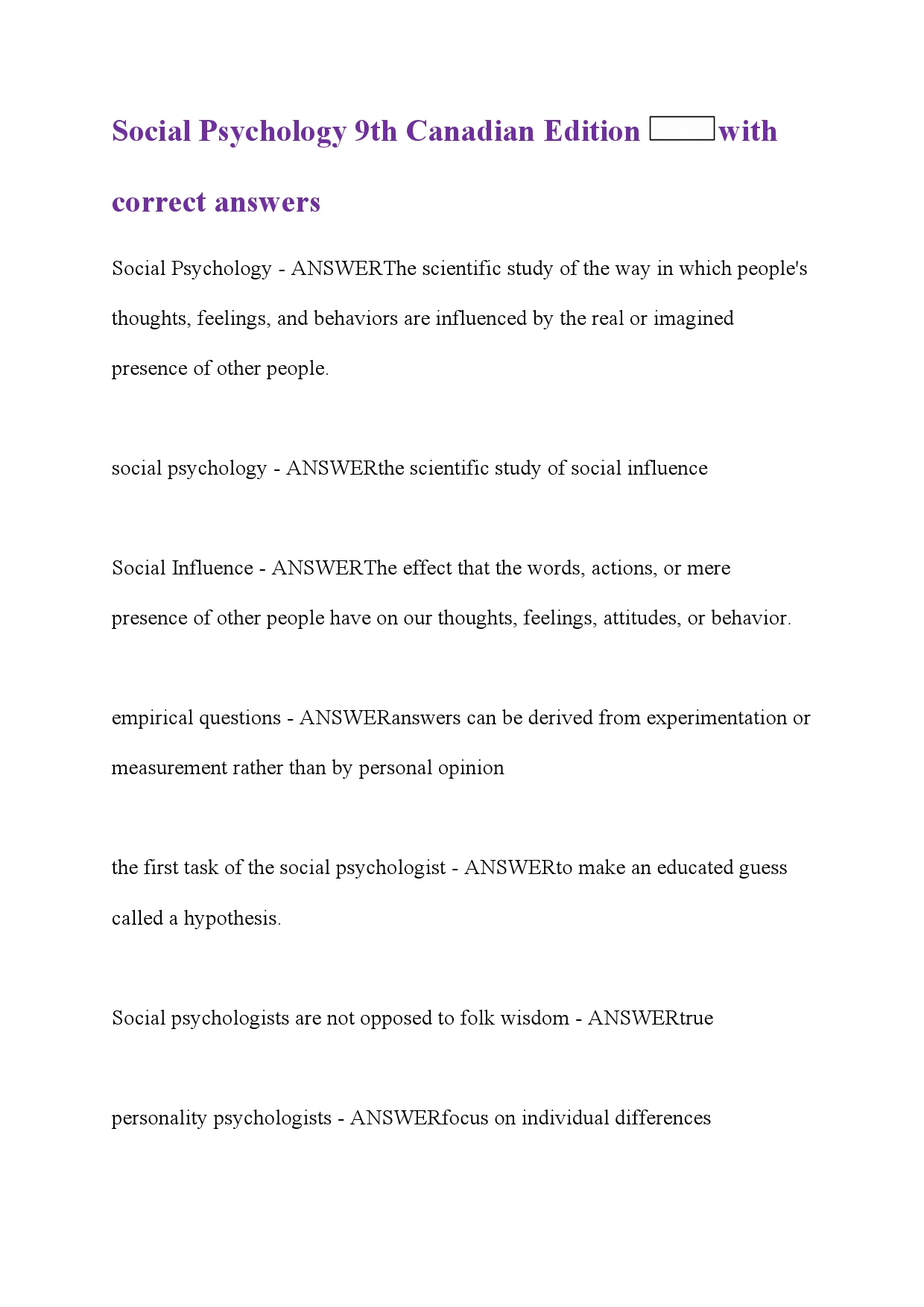 Social Psychology 9th Canadian Edition with correct answers