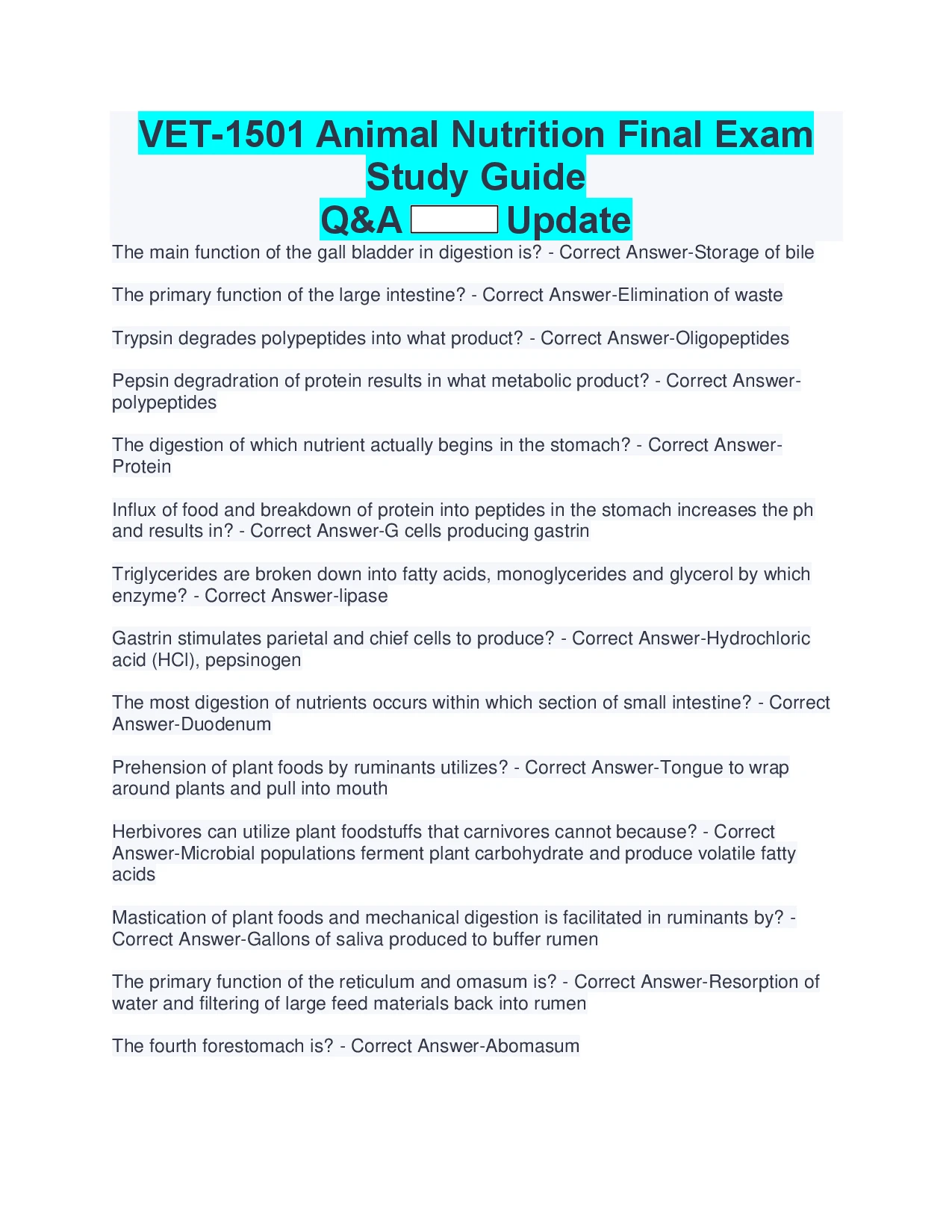 VET-1501 Animal Nutrition Final Exam Study Guide Q&A Update