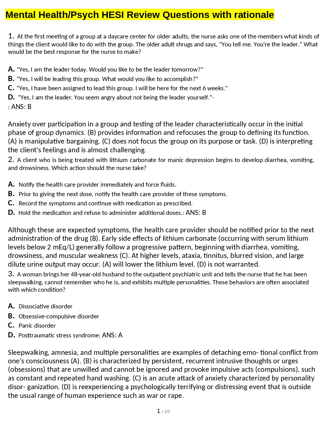 Mental Health/Psych HESI Review Questions with rationale