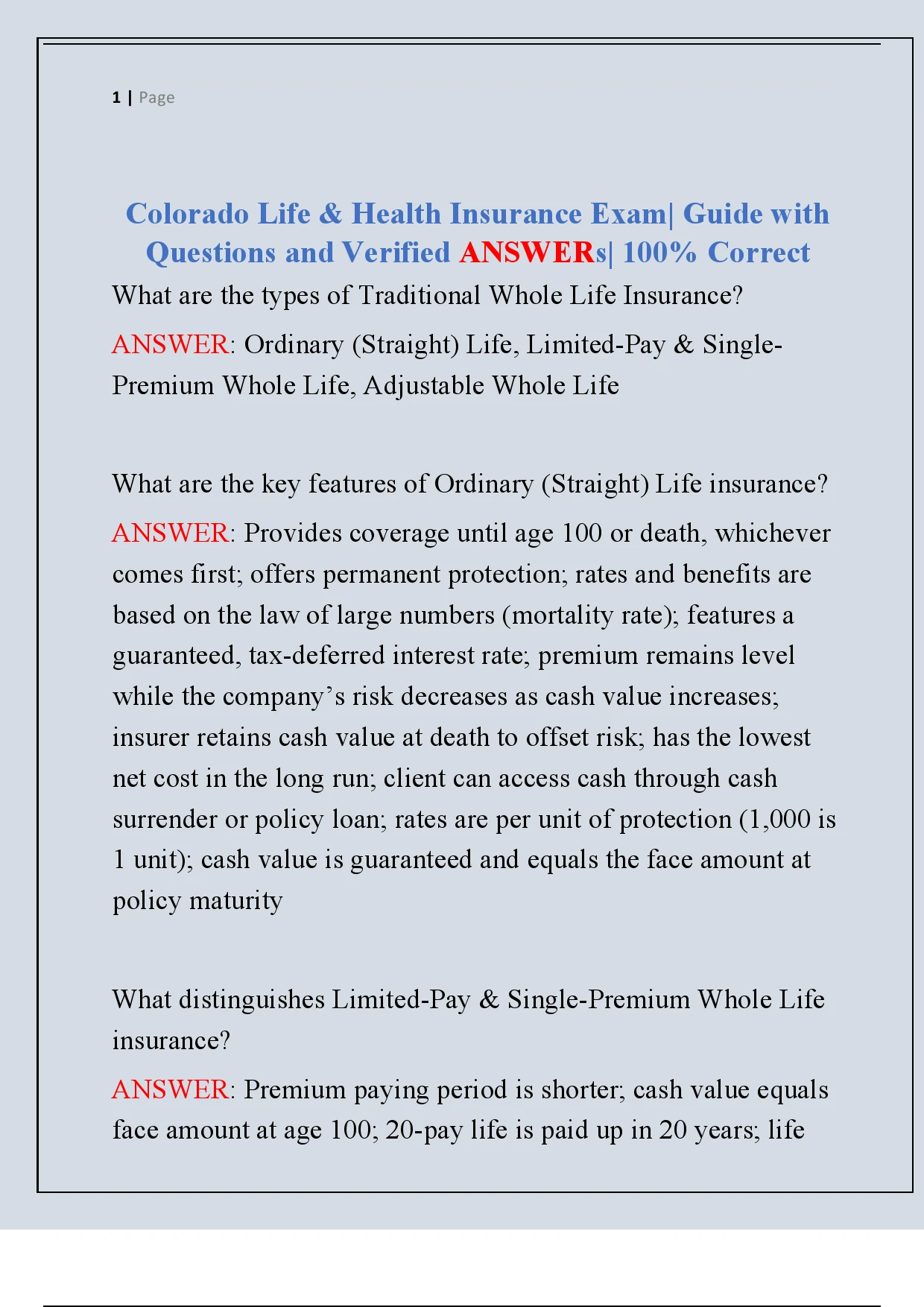 Colorado Life & Health Insurance Exam| Guide with Questions and ...