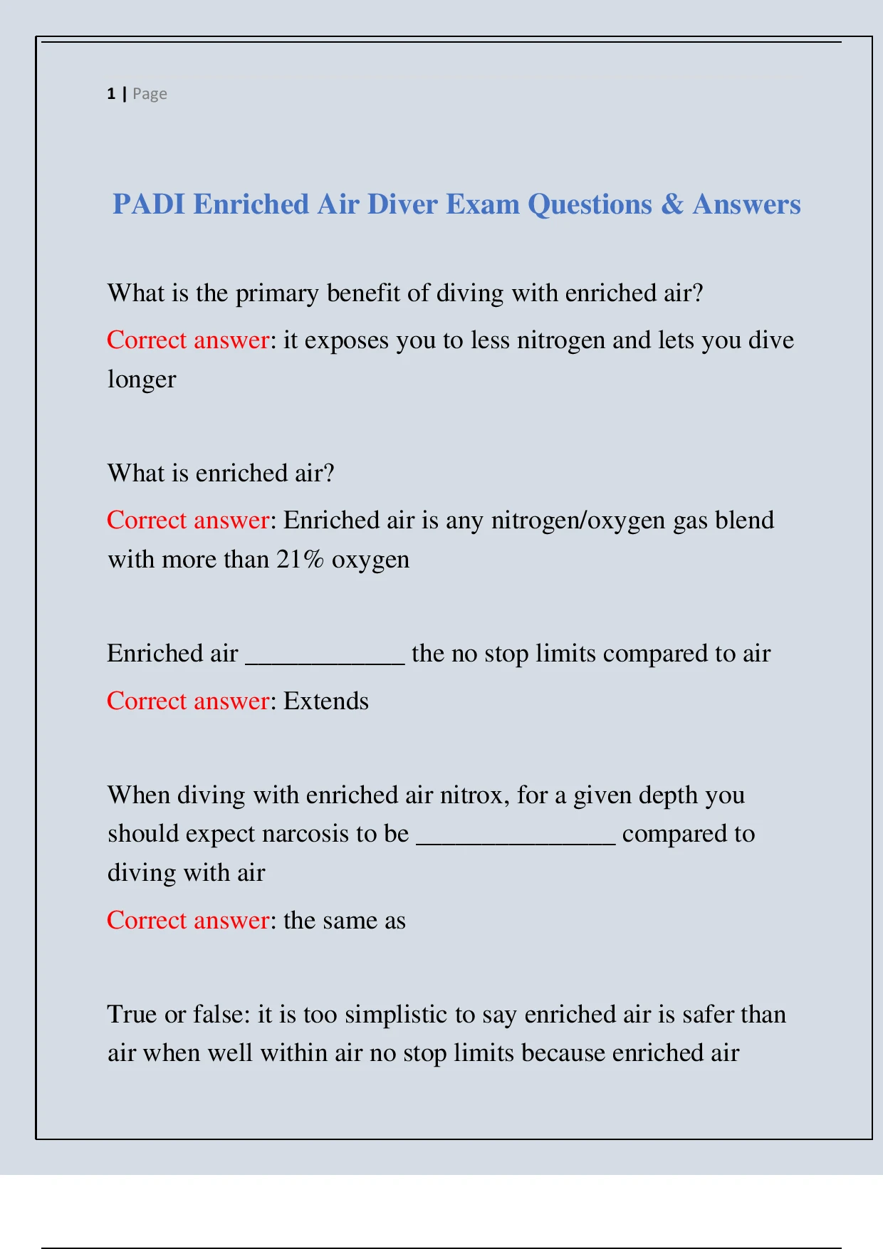 PADI Enriched Air Diver Exam Questions & Answers