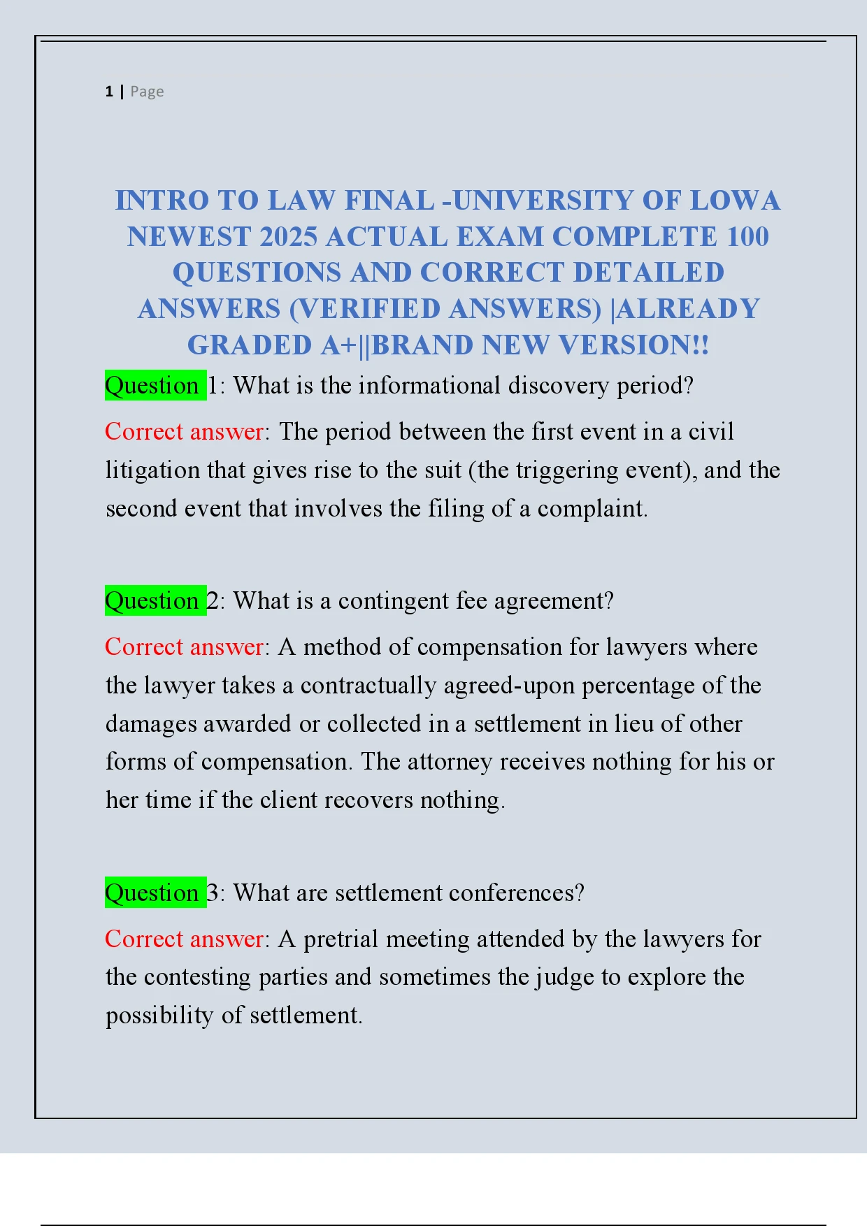 INTRO TO LAW FINAL -UNIVERSITY OF LOWA NEWEST 2025 ACTUAL EXAM COMPLETE 100 QUESTIONS AND ...