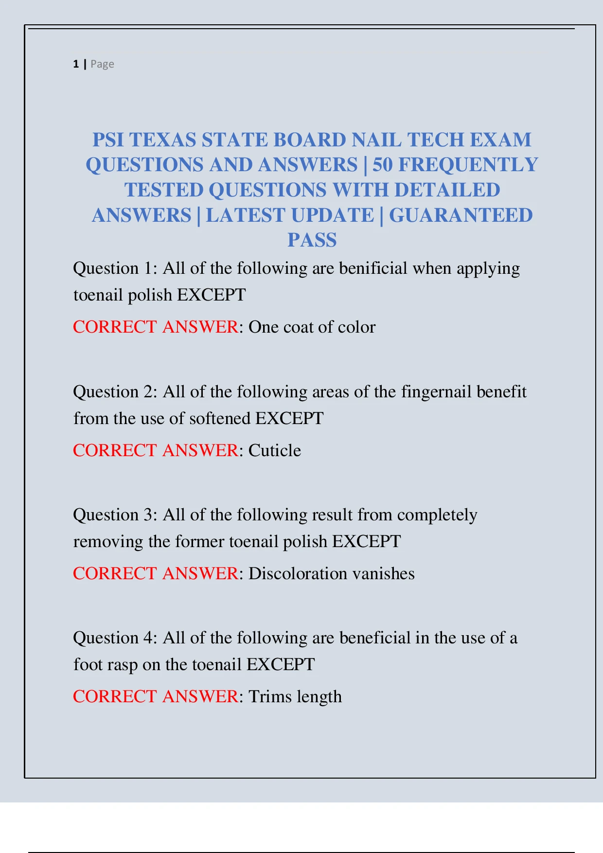 Psi Texas State Board Nail Tech Exam Questions And Answers 50