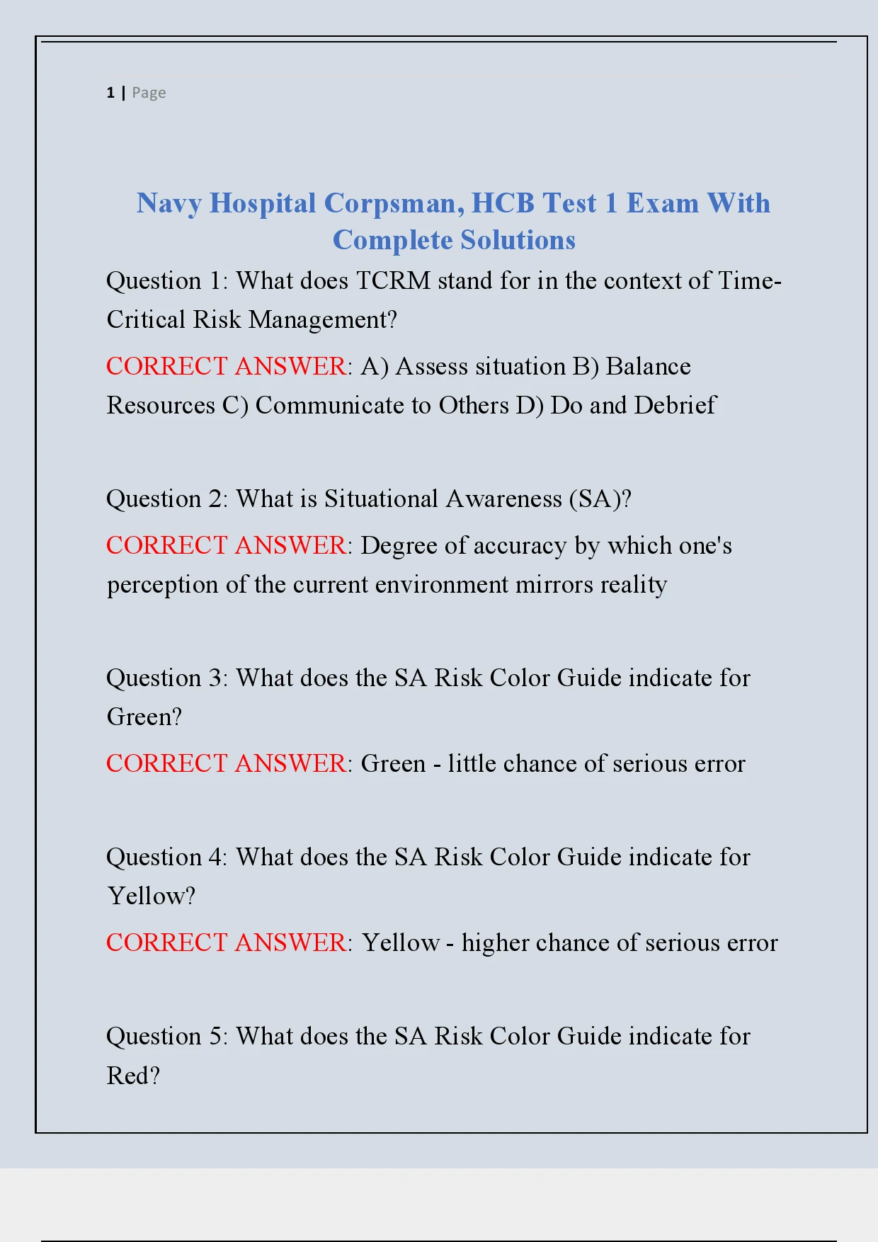 Navy Hospital Corpsman, HCB Test 1 Exam With Complete Solutions