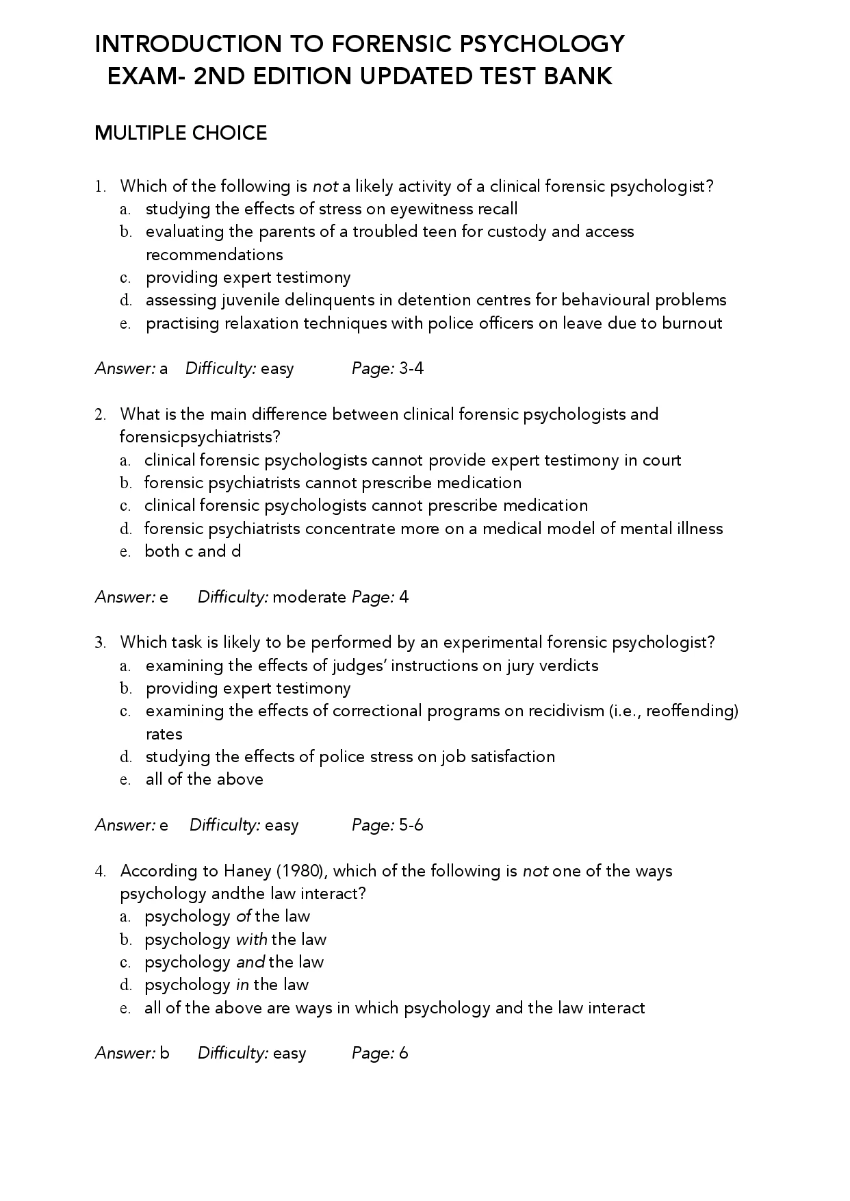 INTRODUCTION TO FORENSIC PSYCHOLOGY EXAM- 2ND EDITION UPDATED TEST BANK