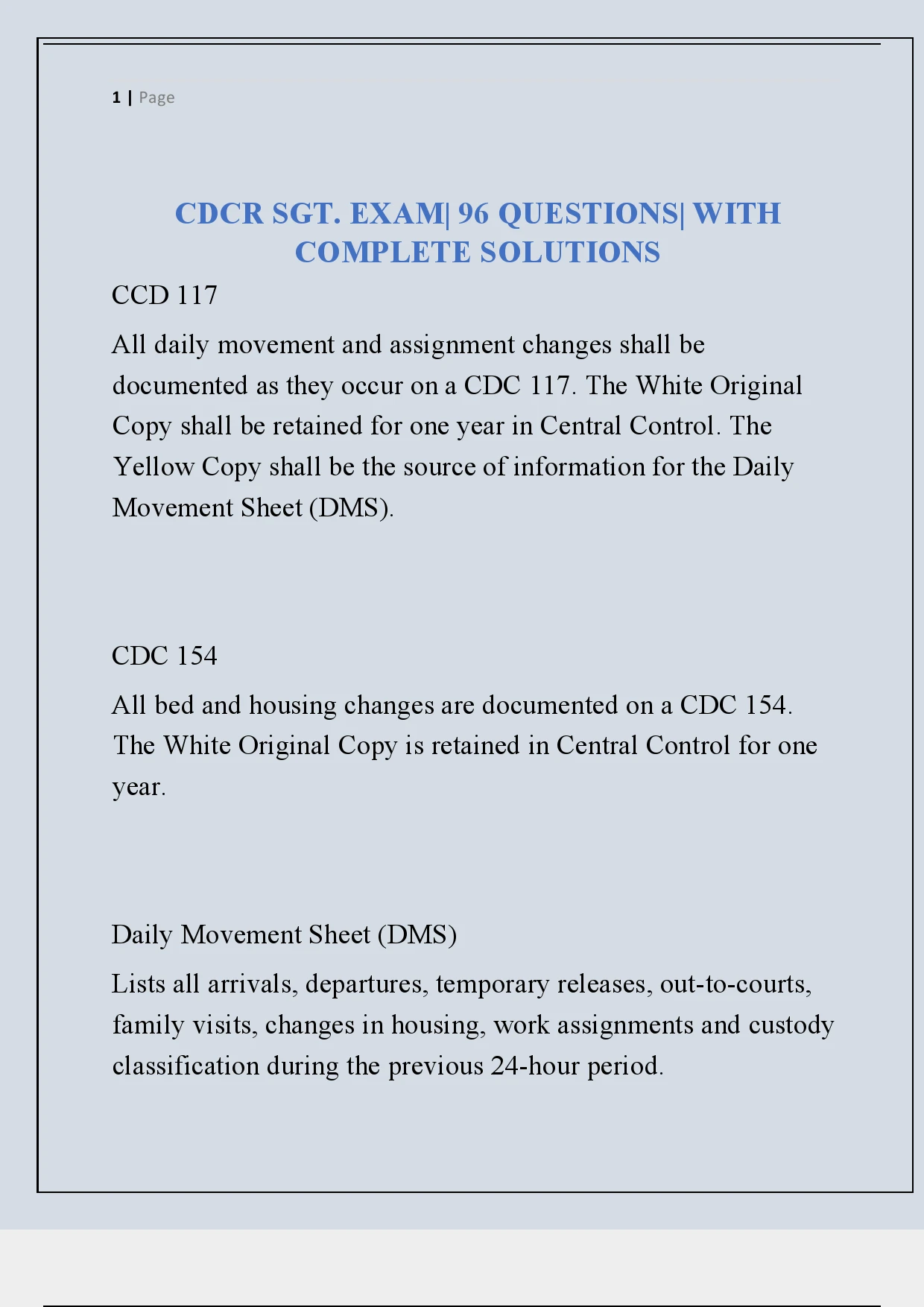 CDCR SGT. EXAM| 96 QUESTIONS| WITH COMPLETE SOLUTIONS