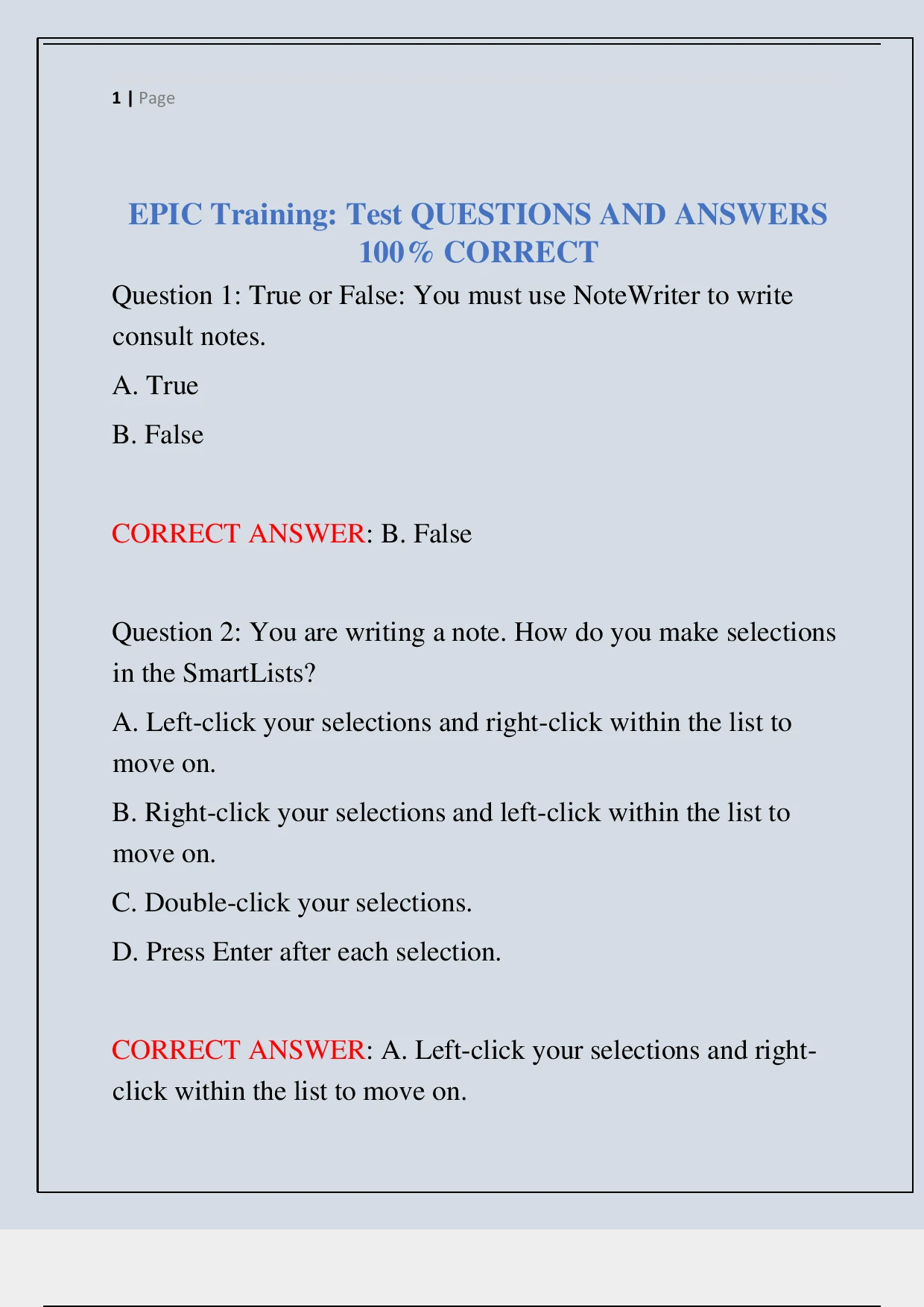 EPIC Training: Test QUESTIONS AND ANSWERS 100% CORRECT