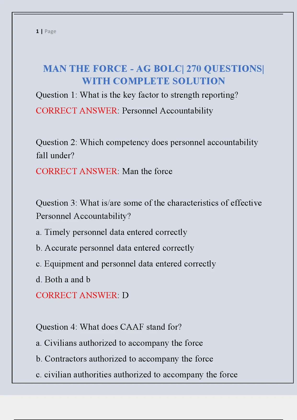 MAN THE FORCE - AG BOLC| 270 QUESTIONS| WITH COMPLETE SOLUTION
