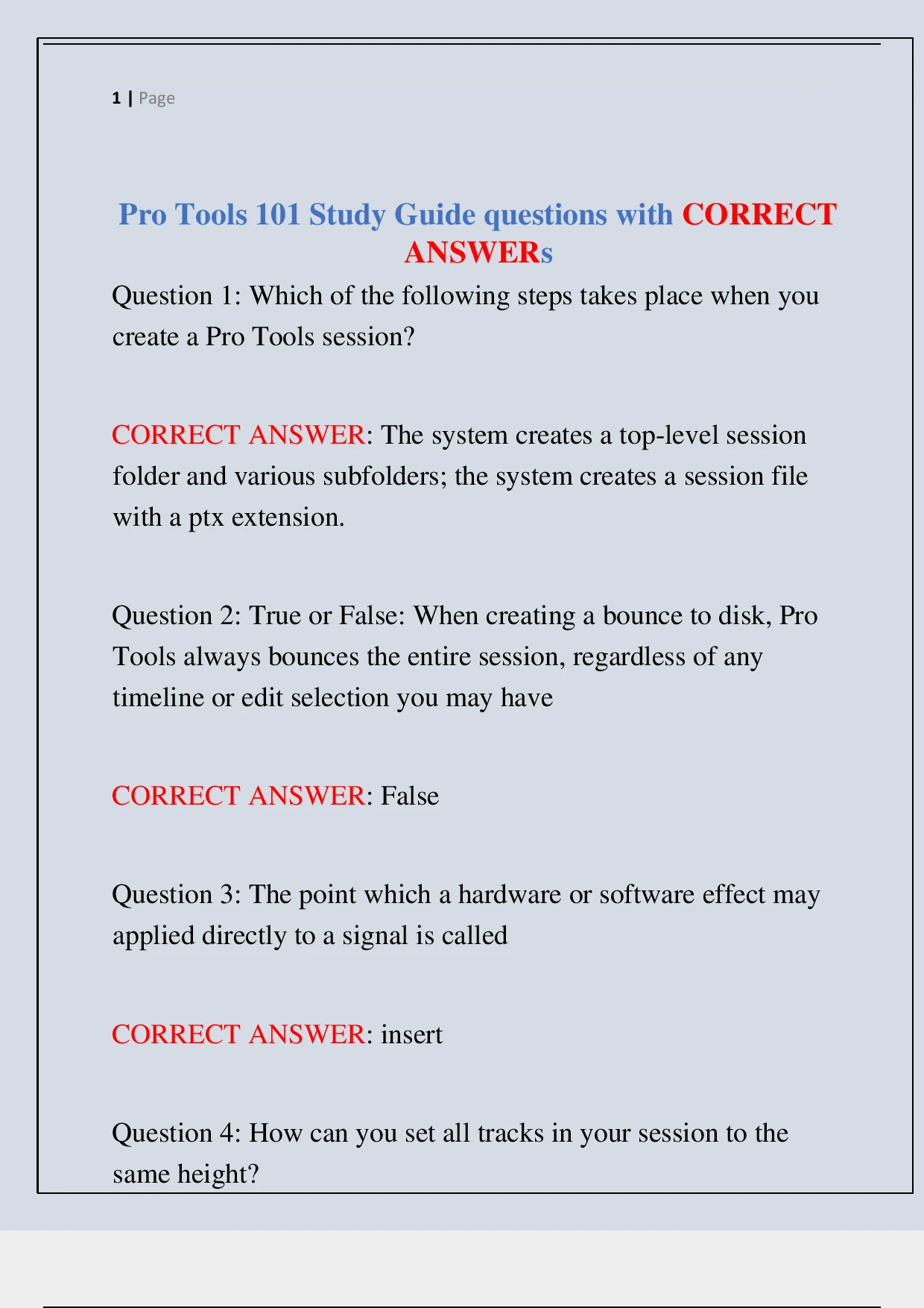 Pro Tools 101 Study Guide questions with CORRECT ANSWERs