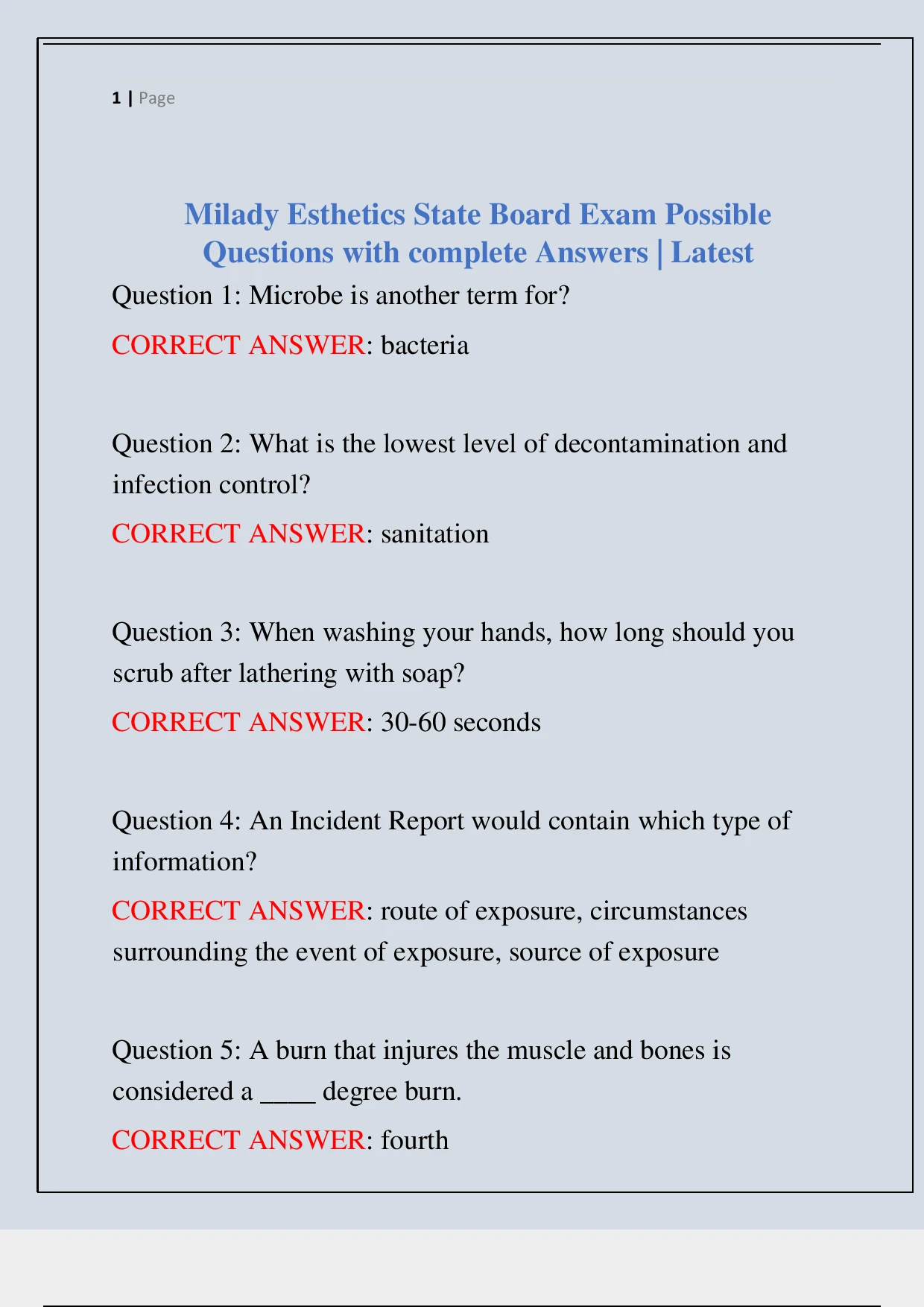 Milady Esthetics State Board Exam Possible Questions with complete ...
