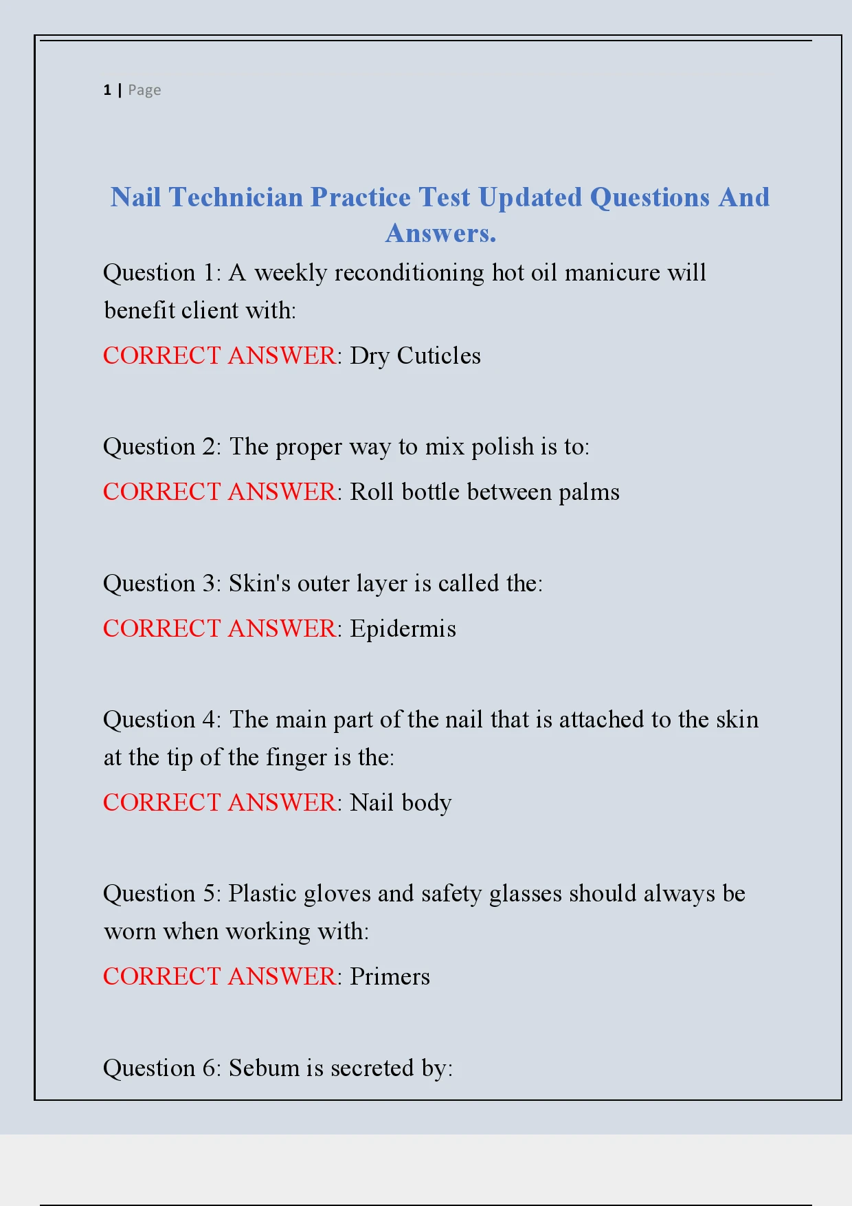 Nail Technician Practice Test Updated Questions And Answers