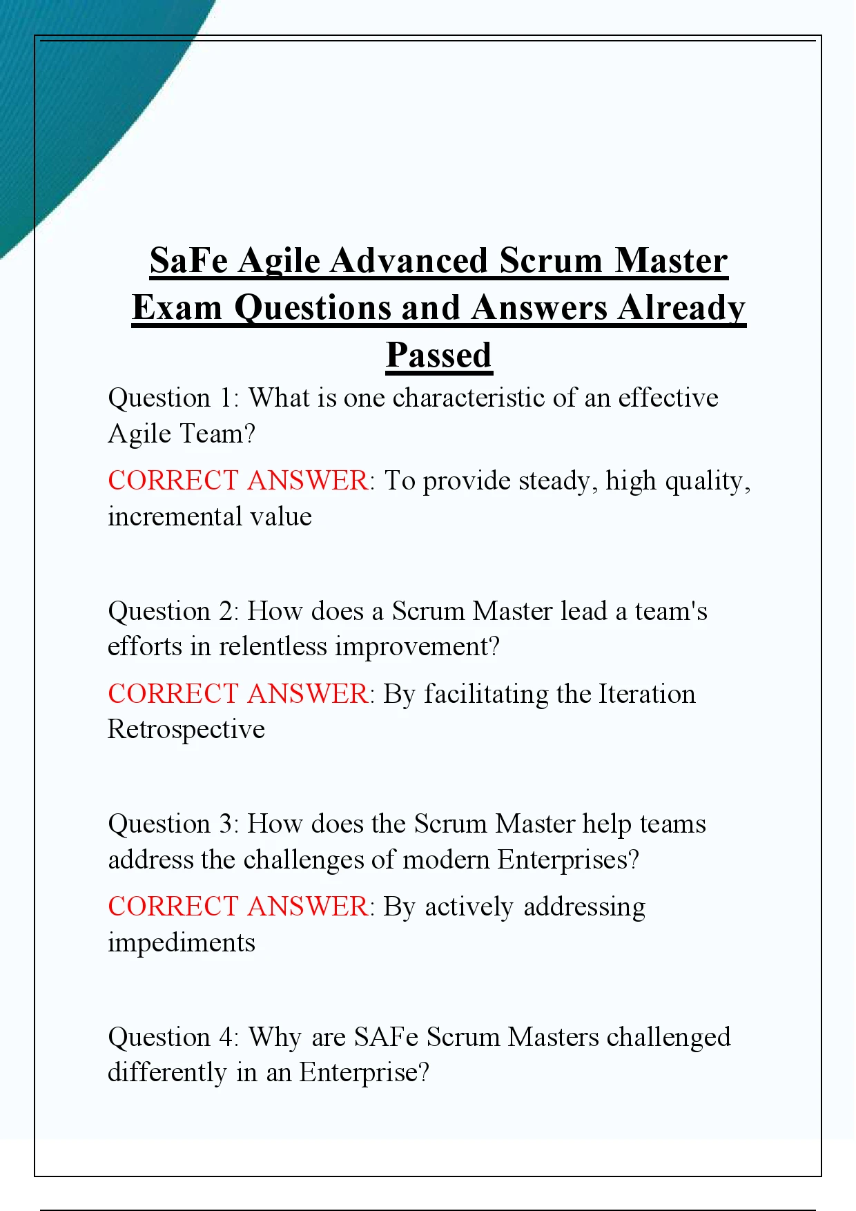 SaFe Agile Advanced Scrum Master Exam Questions and Answers Already Passed
