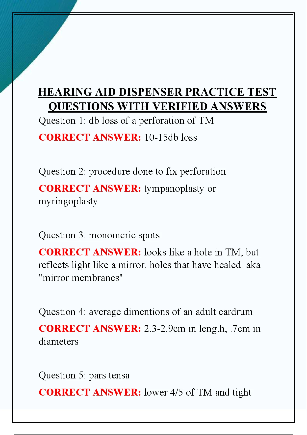 HEARING AID DISPENSER PRACTICE TEST QUESTIONS WITH VERIFIED ANSWERS