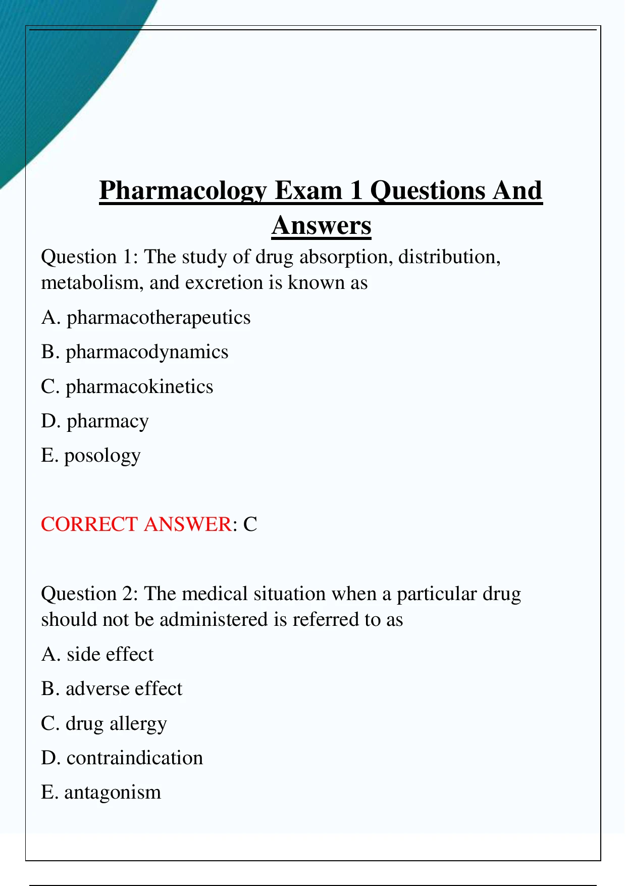 Pharmacology Exam 1 Questions And Answers