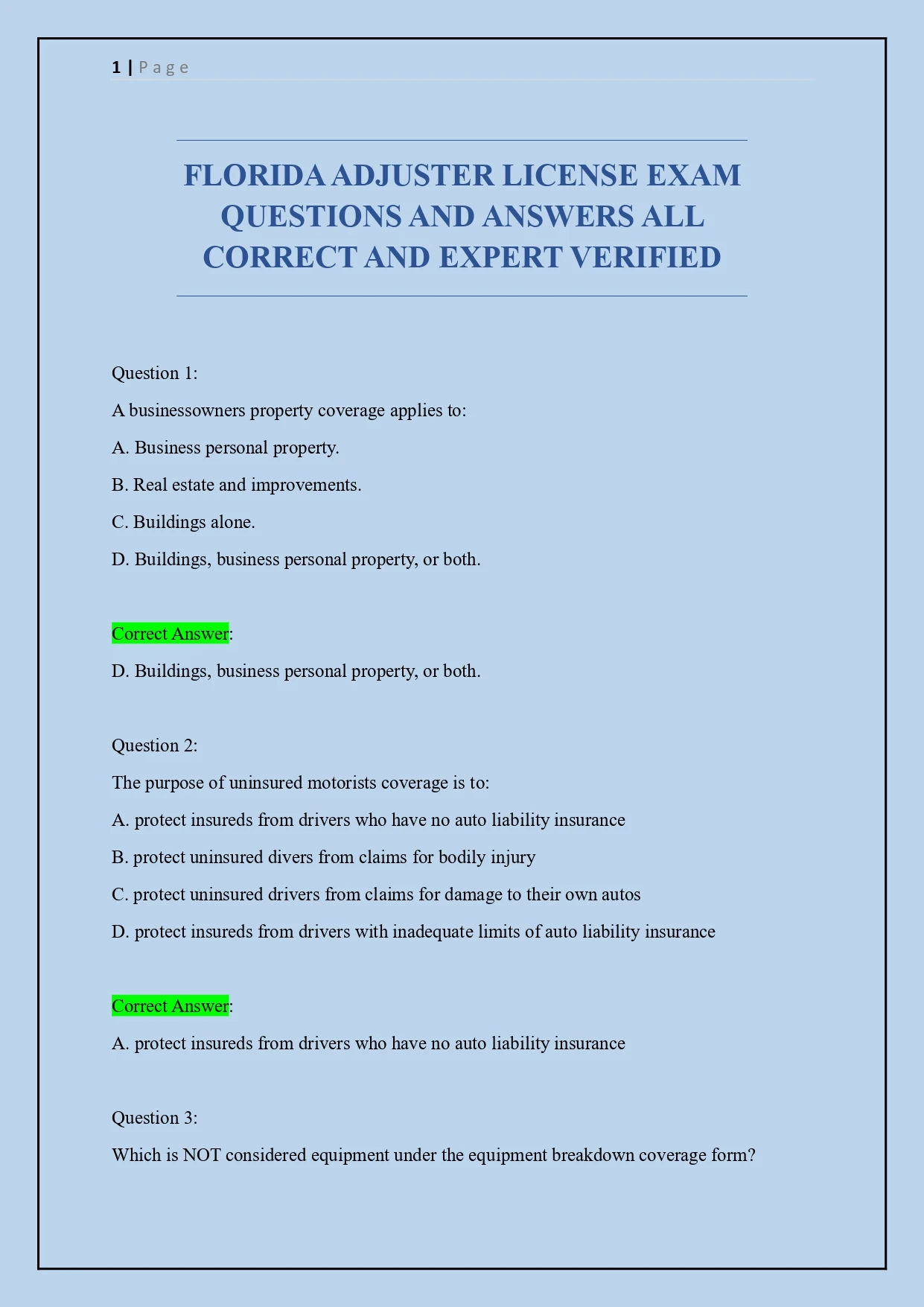 FLORIDA ADJUSTER LICENSE EXAM QUESTIONS AND ANSWERS ALL CORRECT AND ...