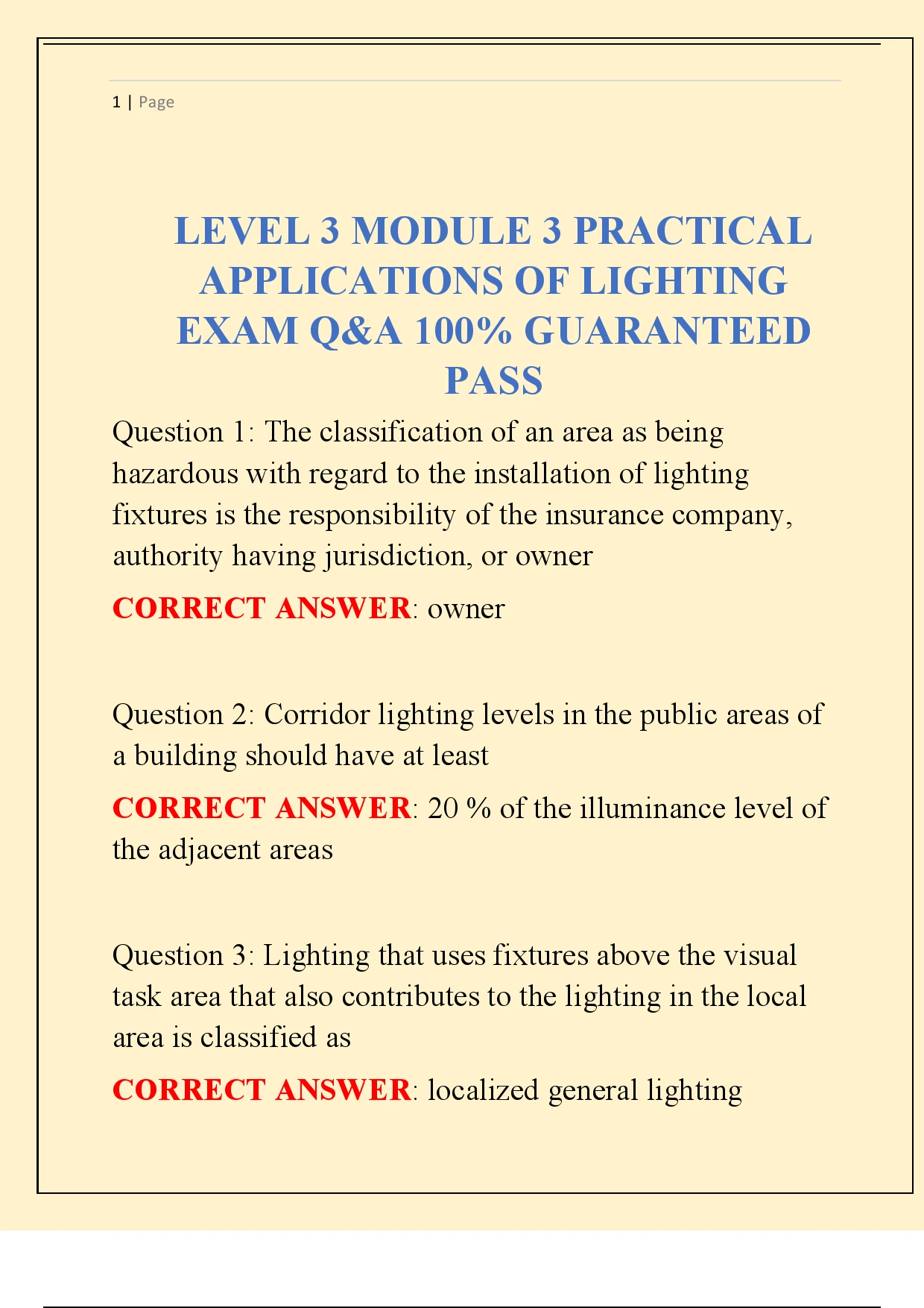 LEVEL 3 MODULE 3 PRACTICAL APPLICATIONS OF LIGHTING EXAM Q&A 100% ...