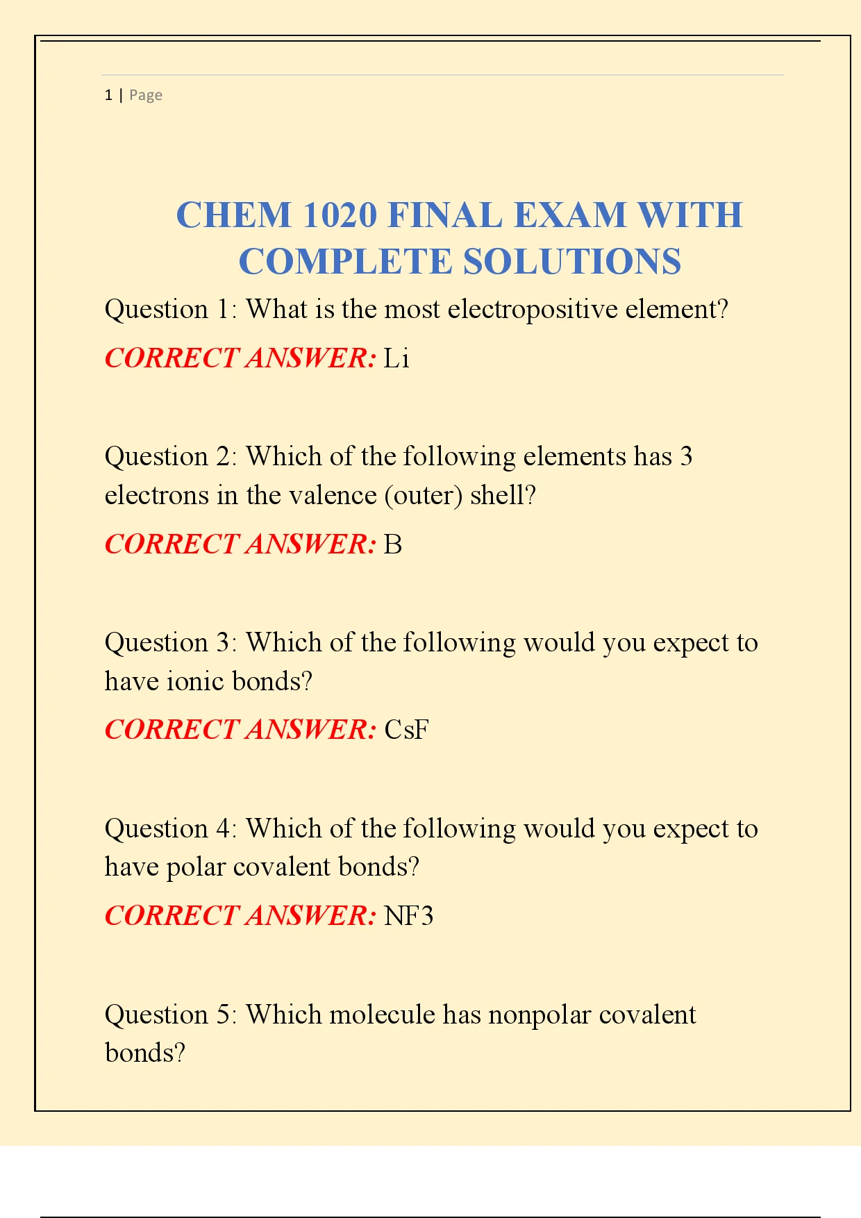 CHEM 1020 FINAL EXAM WITH COMPLETE SOLUTIONS