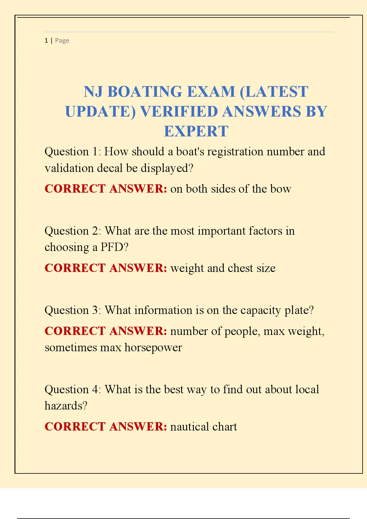 NJ BOATING EXAM (LATEST UPDATE) VERIFIED ANSWERS BY EXPERT