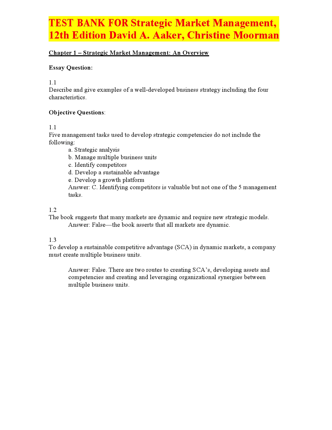 TEST BANK FOR Strategic Market Management, 12th Edition David A. Aaker ...