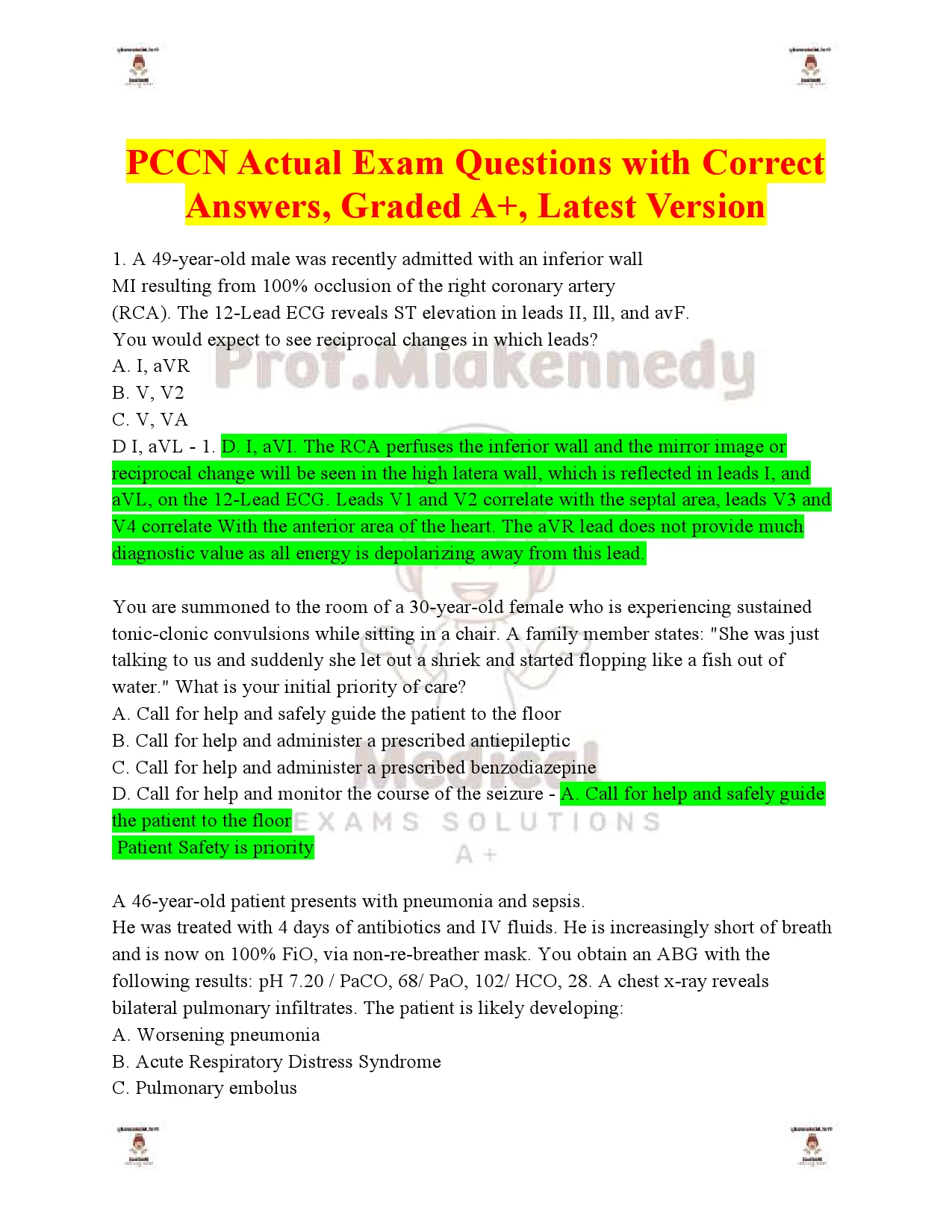 PCCN Actual Exam Questions with Correct Answers, Graded A+, Latest Version