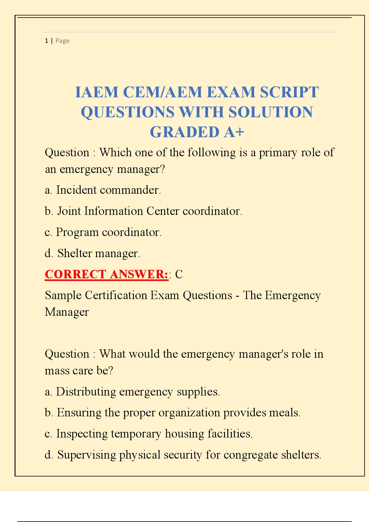 IAEM CEM/AEM EXAM SCRIPT QUESTIONS WITH SOLUTION GRADED A+