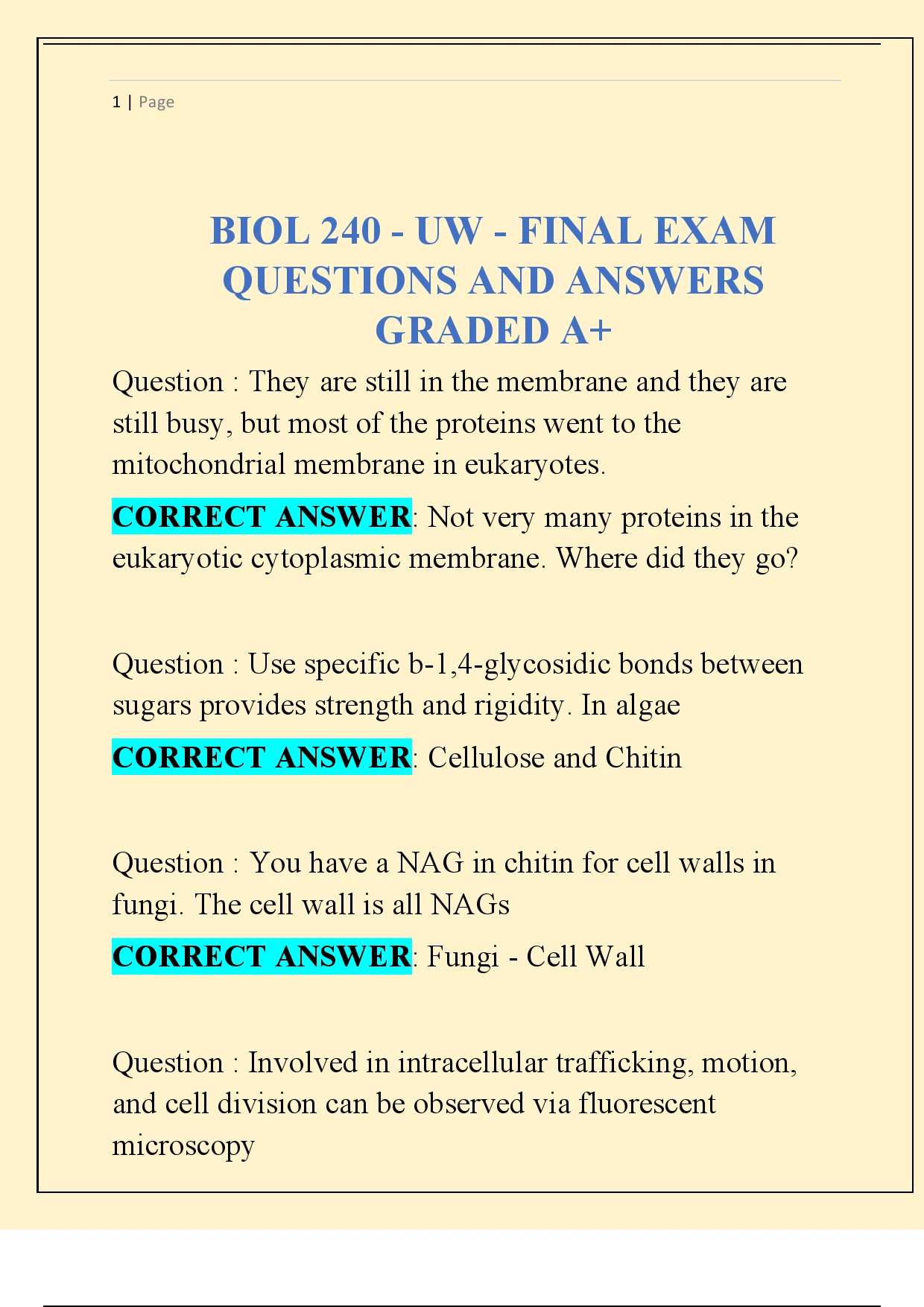 BIOL 240 - UW - FINAL EXAM QUESTIONS AND ANSWERS GRADED A+