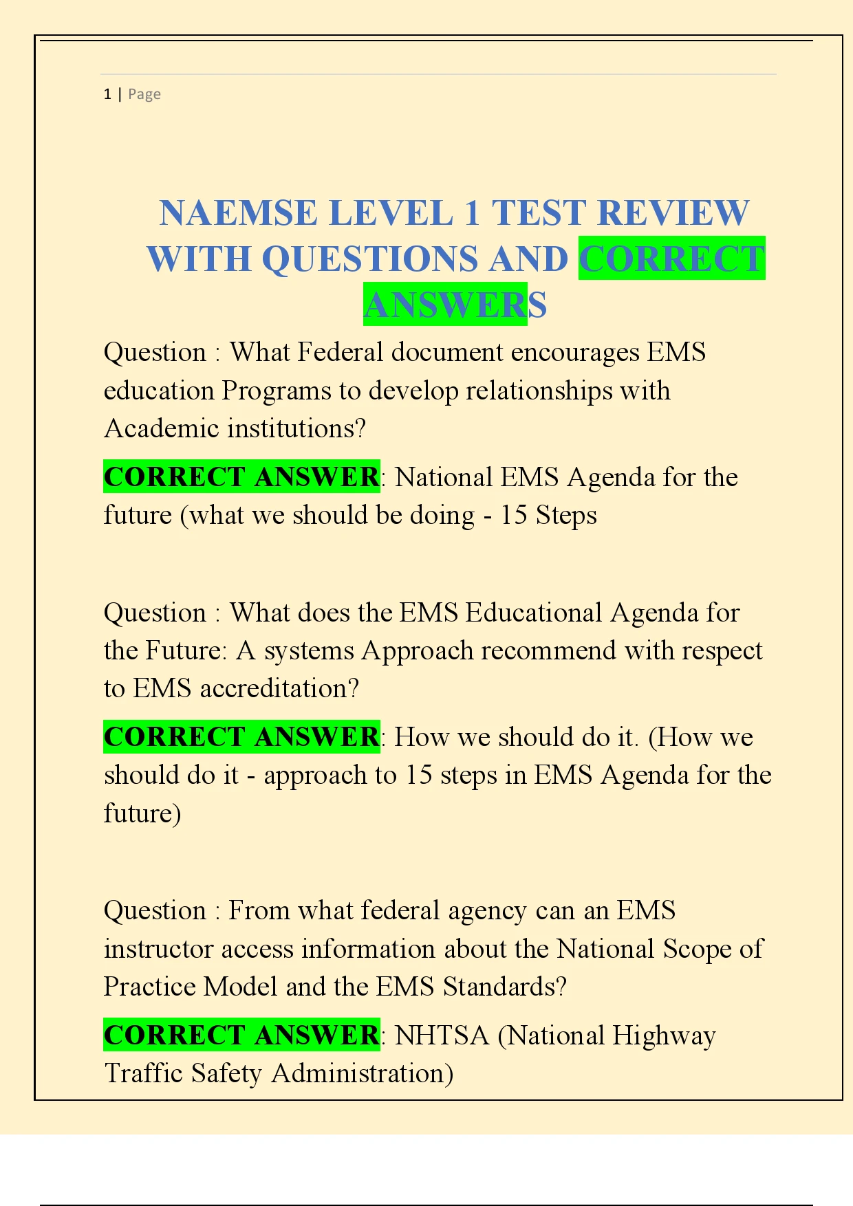 NAEMSE LEVEL 1 TEST REVIEW WITH QUESTIONS AND CORRECT ANSWERS